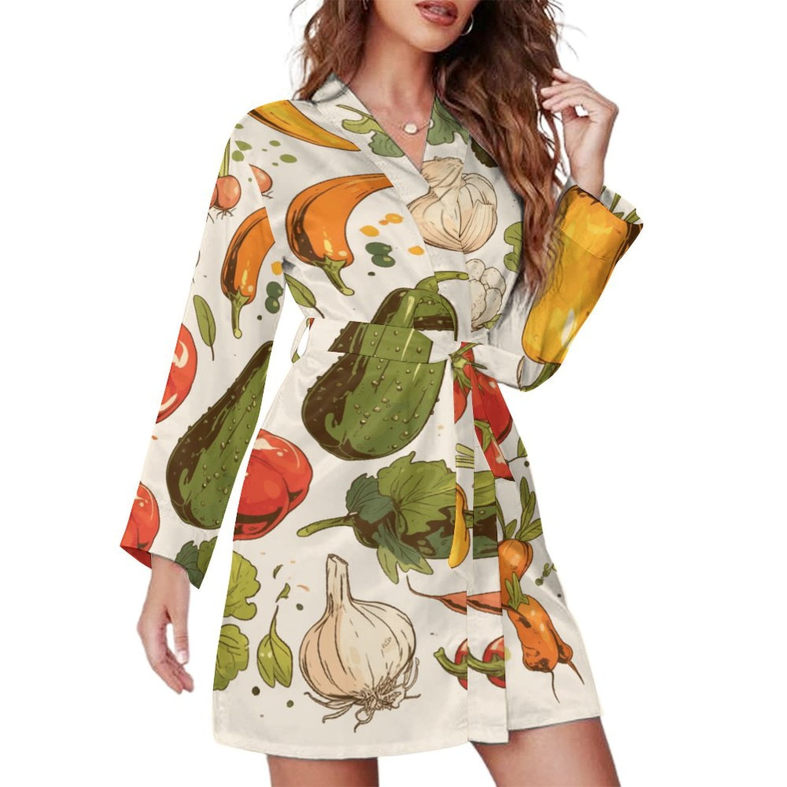 Watercolor Fruits And Vegetables Night Robe Long Sleeve V Neck Robe ...