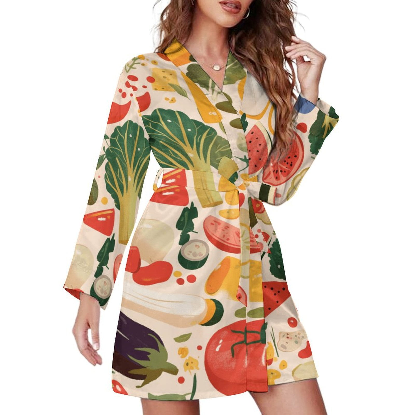 Watercolor Fruits And Vegetables Night Robe Long Sleeve V Neck Robe ...