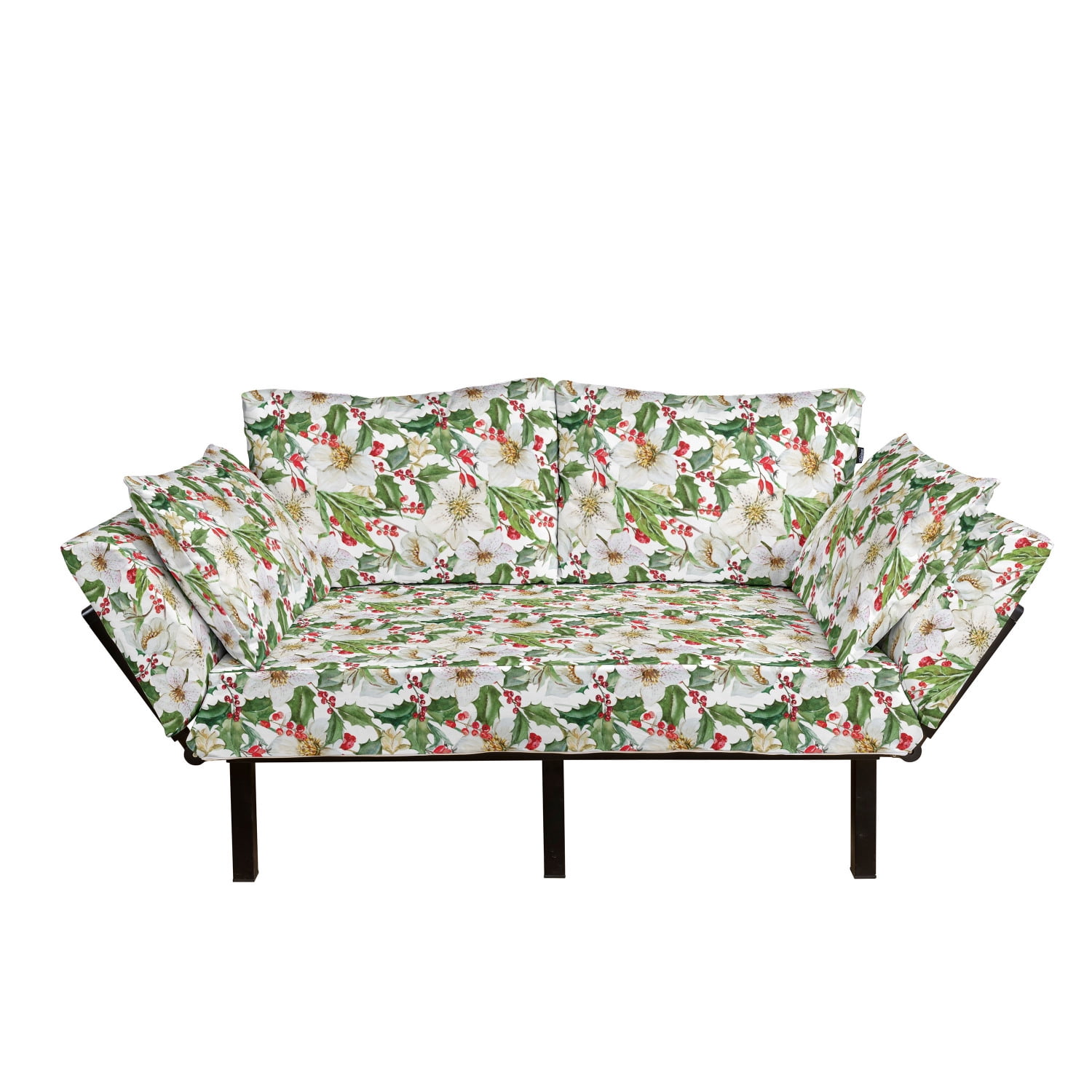 Watercolor Futon Couch, Christmas Themed Floral Poinsettia Berries ...