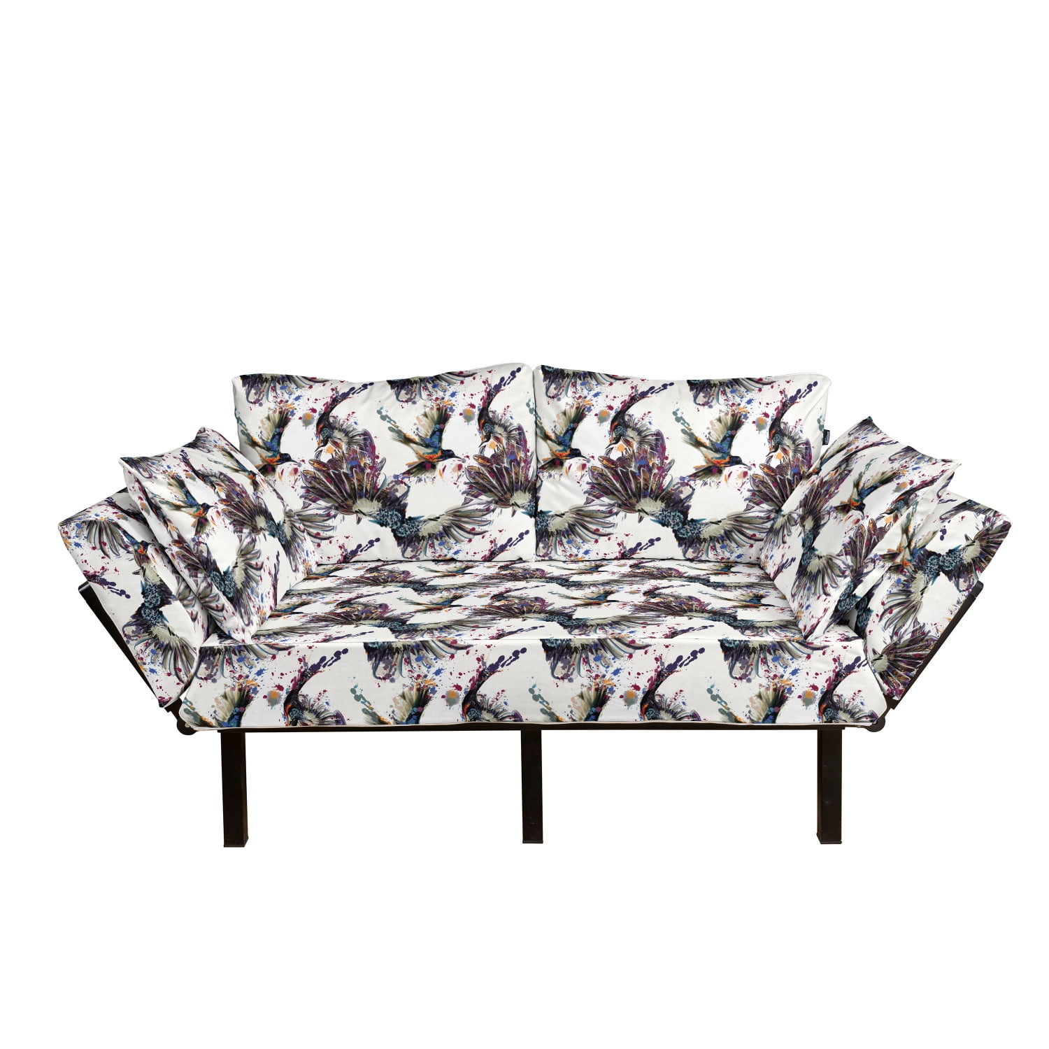 Watercolor Futon Couch, Lilly Flower Pattern with Flying Birds Fauna ...