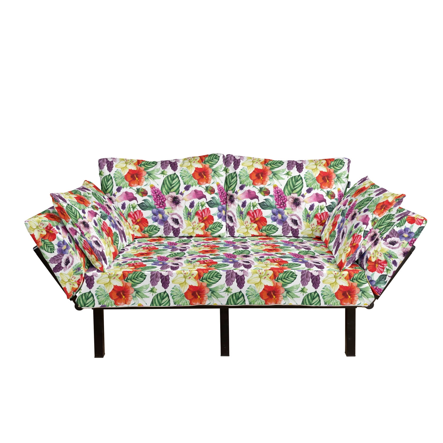 Watercolor Futon Couch, Tropical Flower Pattern Various Tropical Plants ...