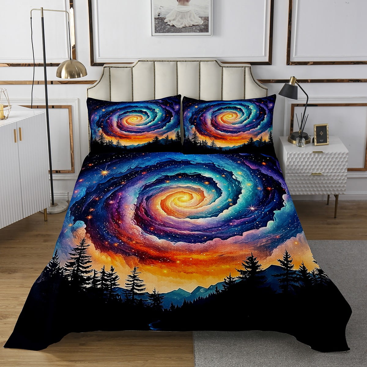 Watercolor Galaxy Queen Quilt Set,Colorful Outer Space Universe Bedding ...