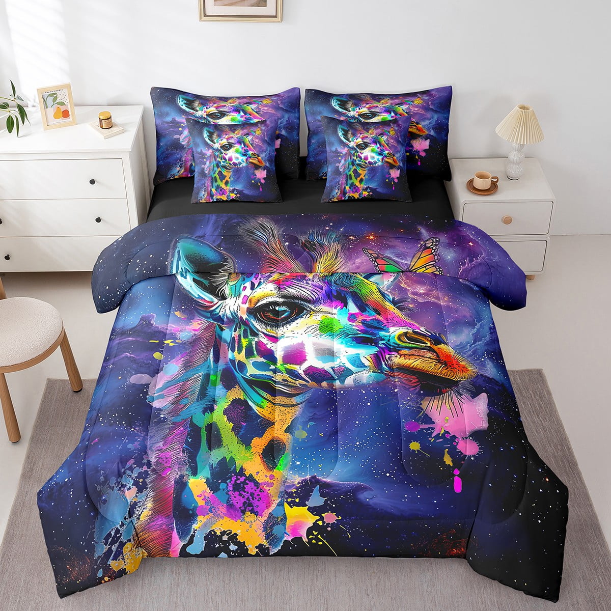 Watercolor Giraffe Bedding Comforter Sets 7pcs Purple Navy Blue Bed in ...