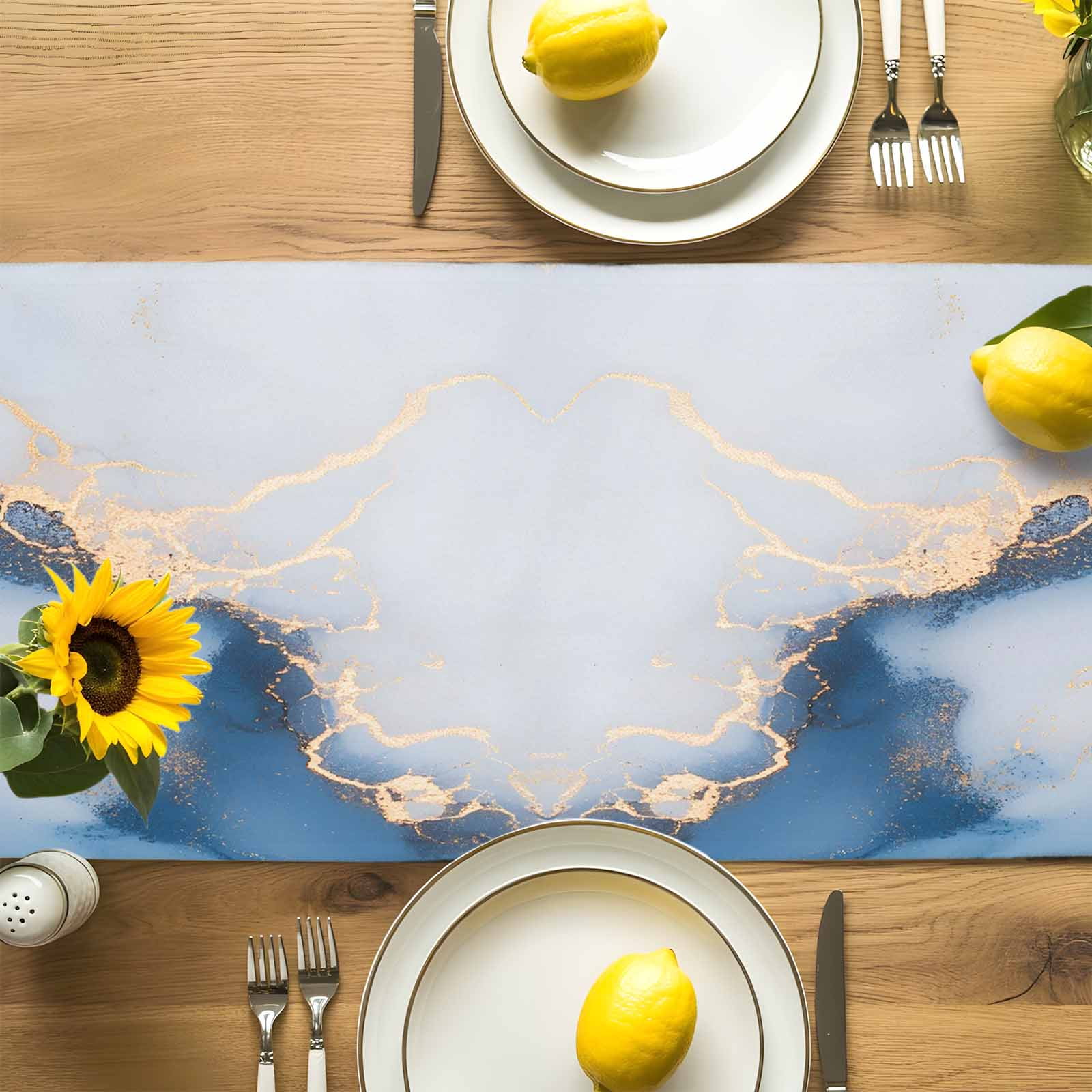 Watercolor Gold Line Blue Table Runner-72 Inch Long Abstract Marble ...