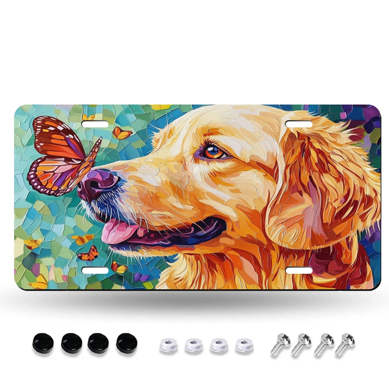 Watercolor Golden Retriever Dog with Butterfly License Plate Frame ...
