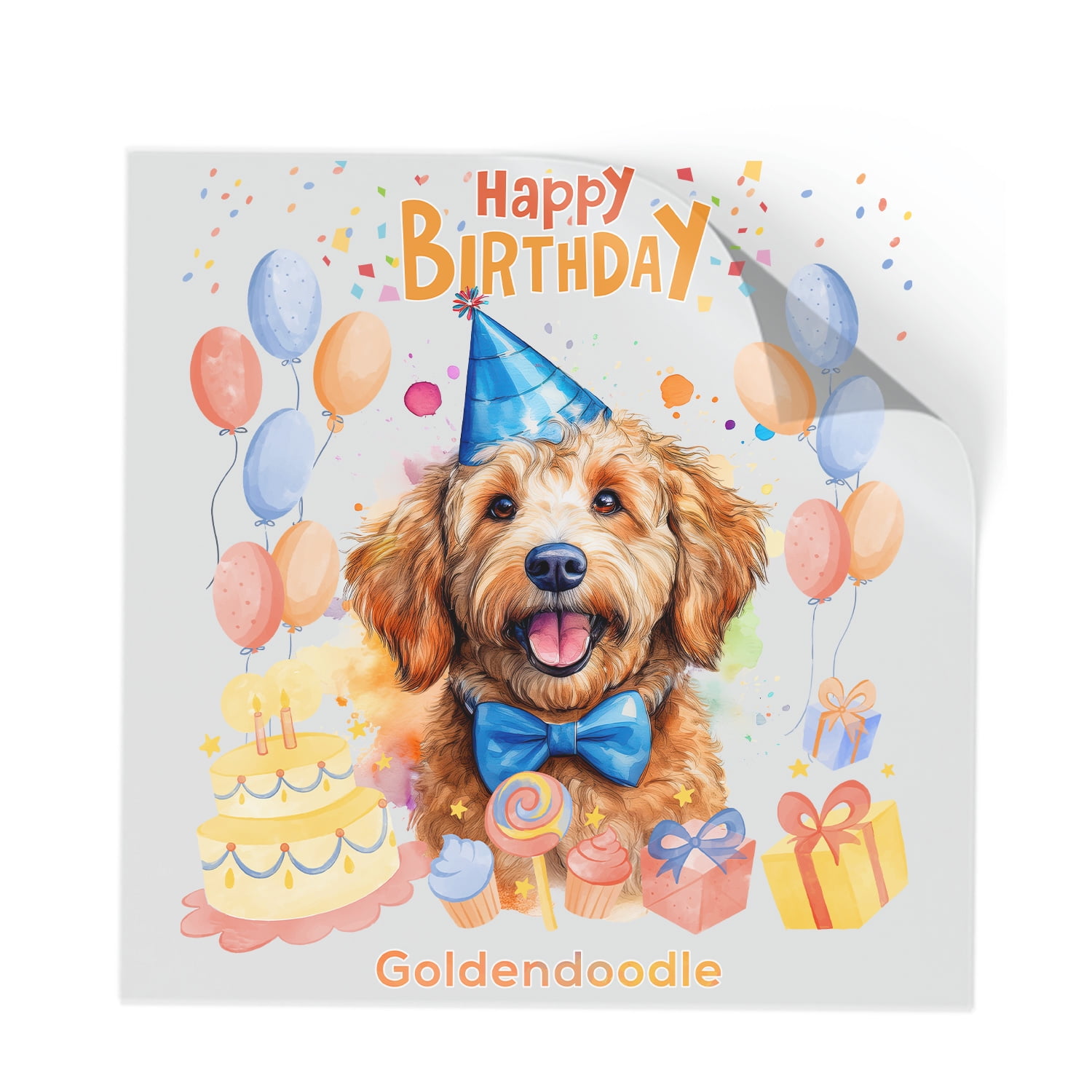 Watercolor Goldendoodle Happy Birthday Celebration Balloons Gift Party Cutout Transfer Sticker ...