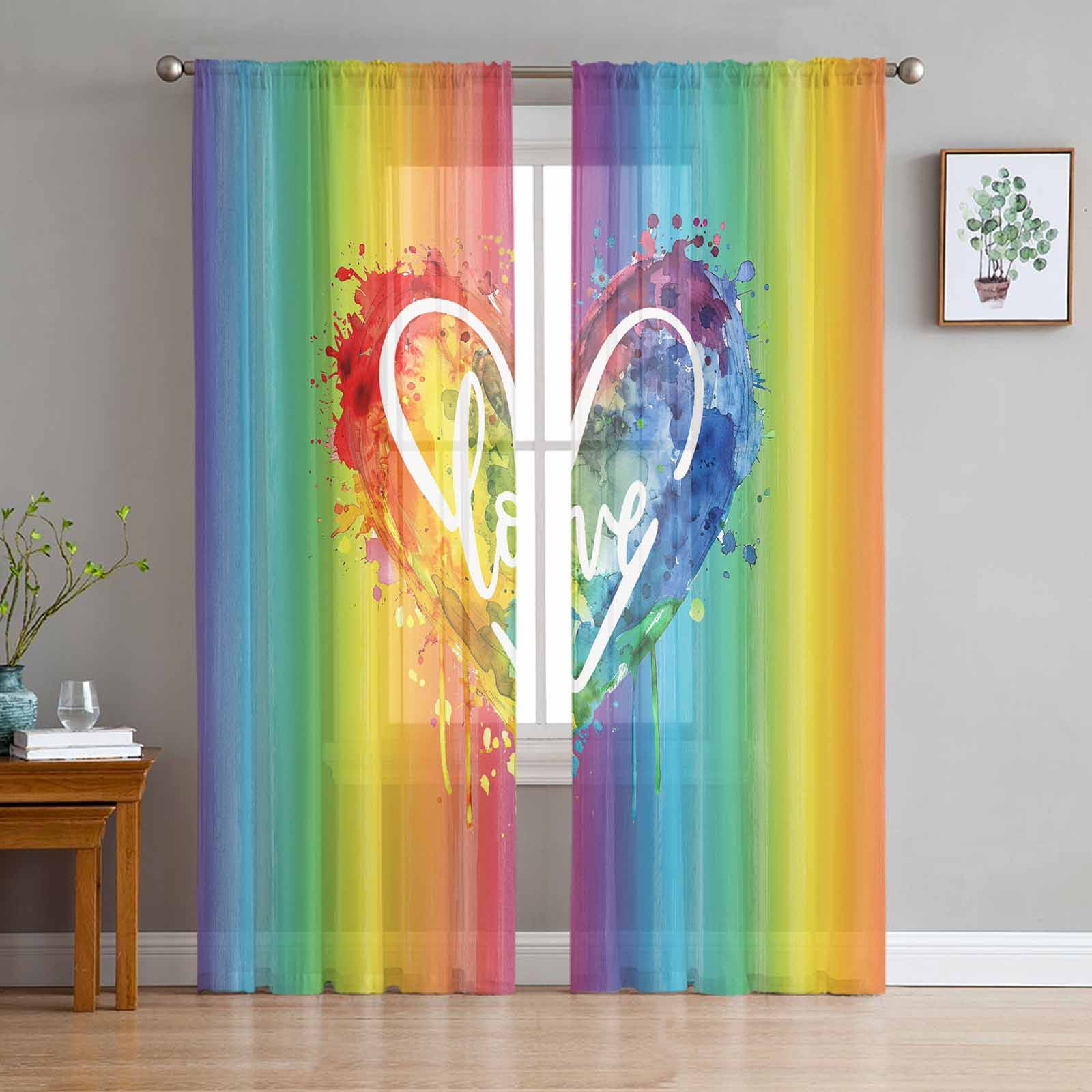 Watercolor Gradient Hand Drawn Love Heart Window Tulle Curtains for ...