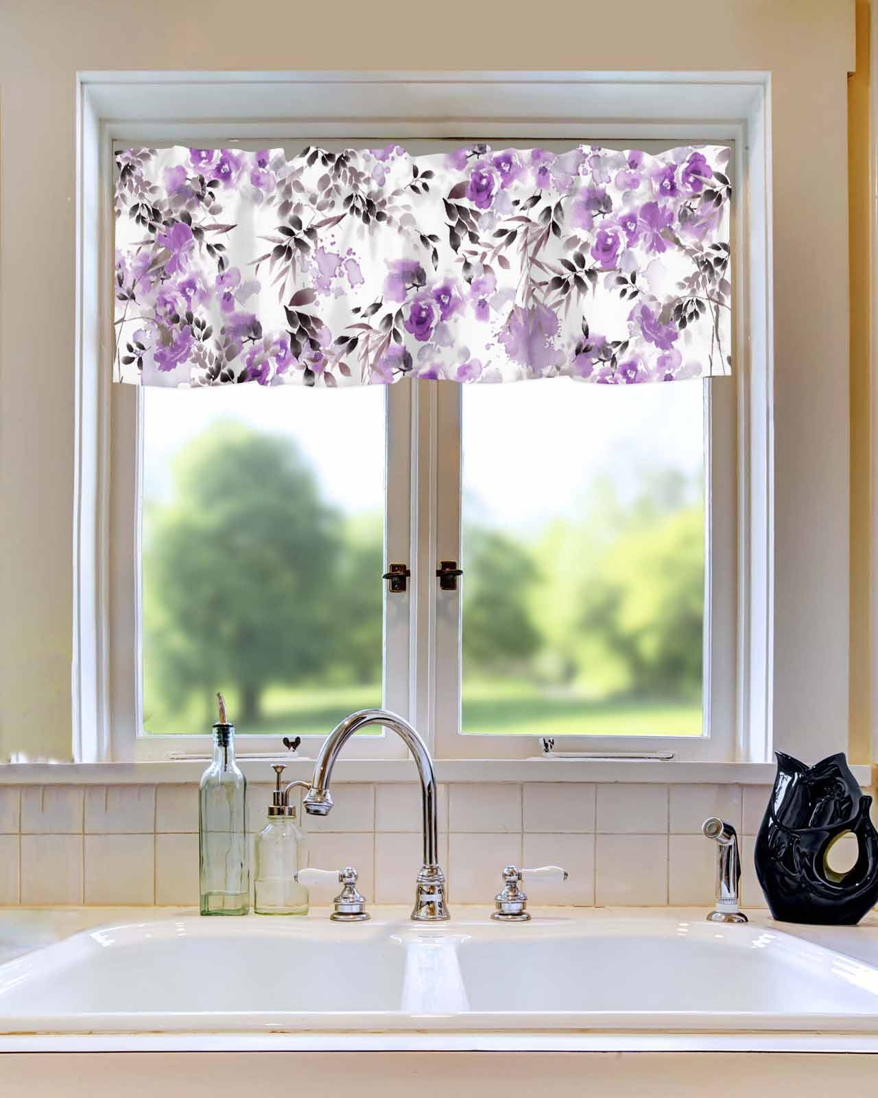 Watercolor Gradient Purple Rose Floral Leaf Window Valances for Kitchen ...