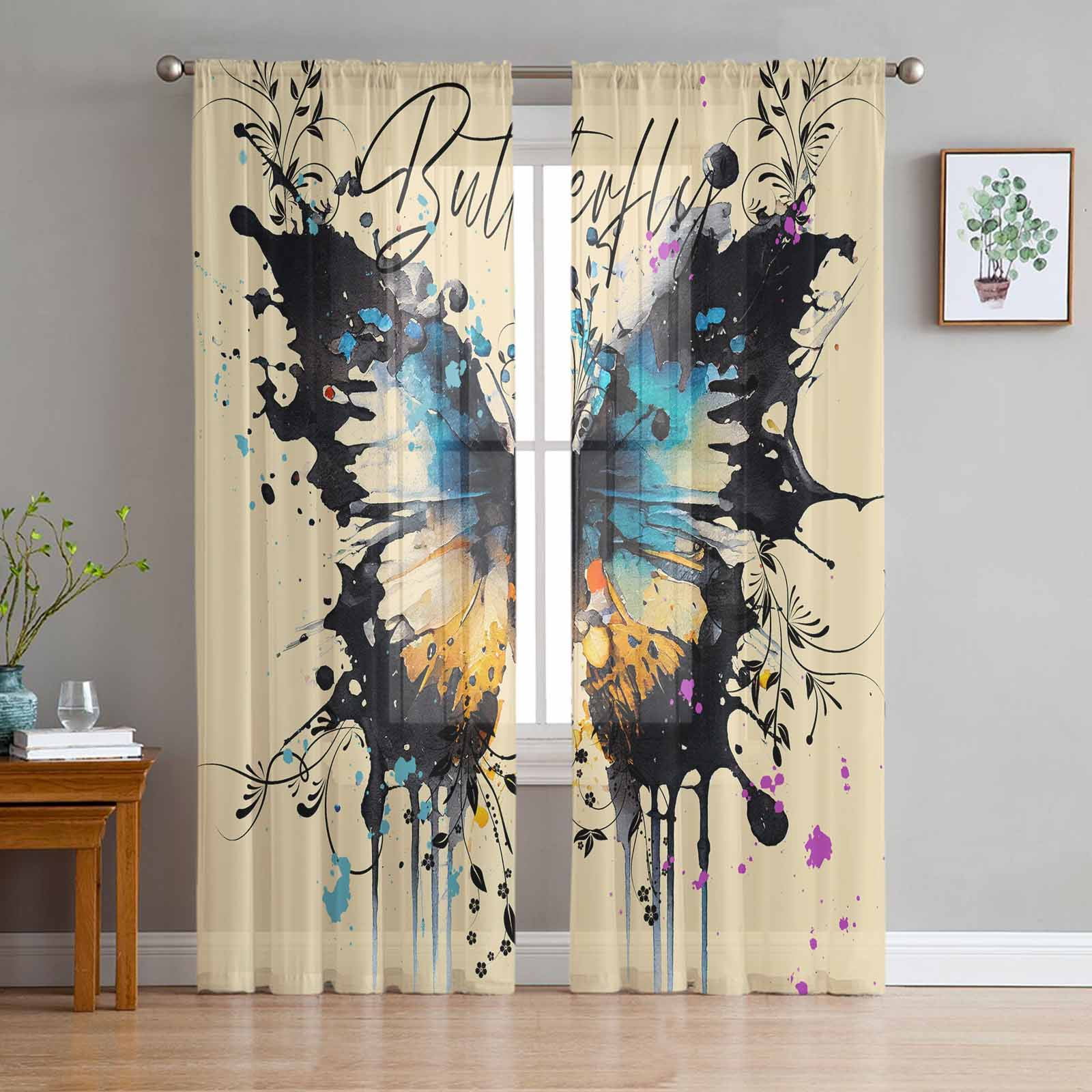 Watercolor Graffiti Butterfly Black Triangle Tulle Sheer Curtains For ...