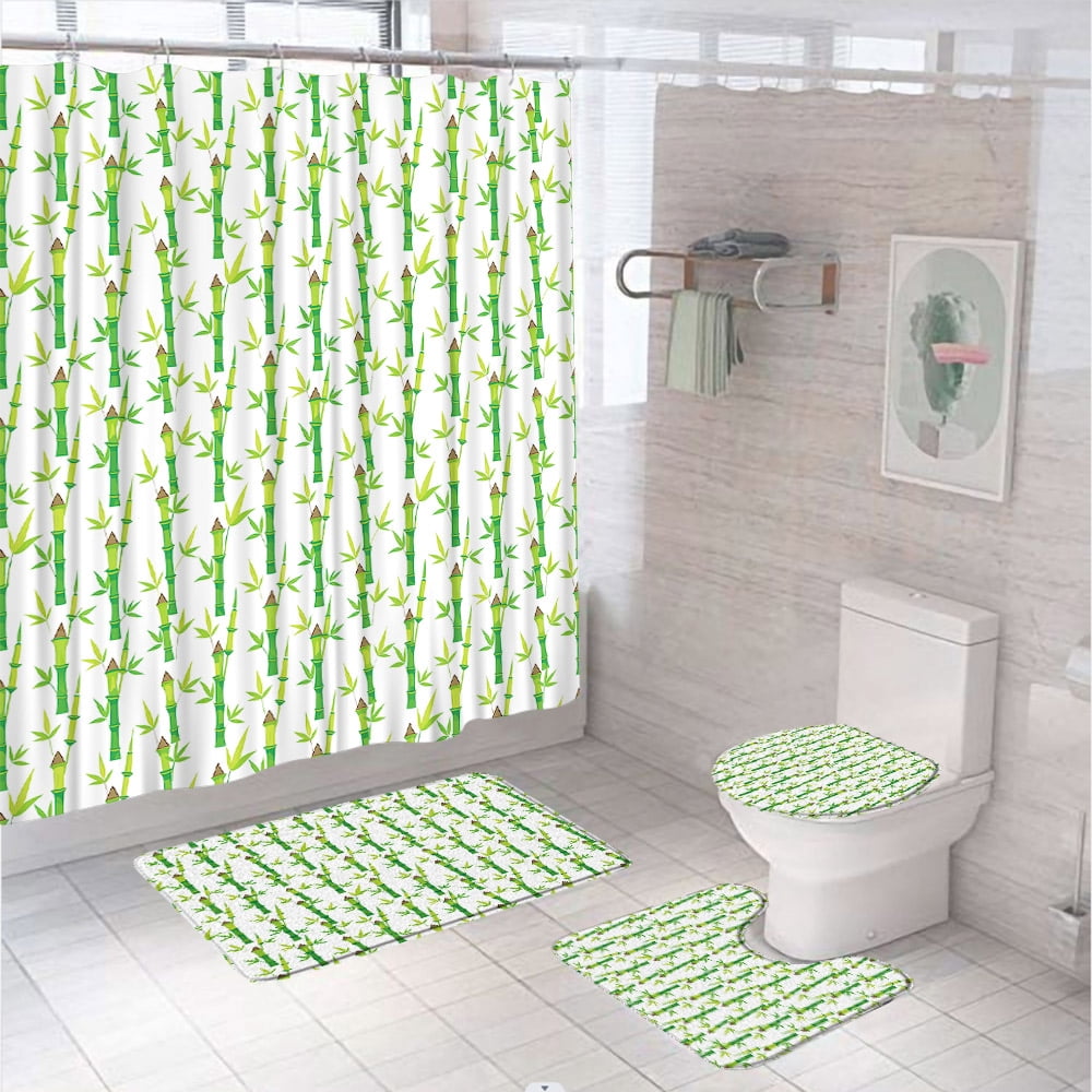 Watercolor Green Bamboo Shower Curtain Set Forest Scenery Botanical ...