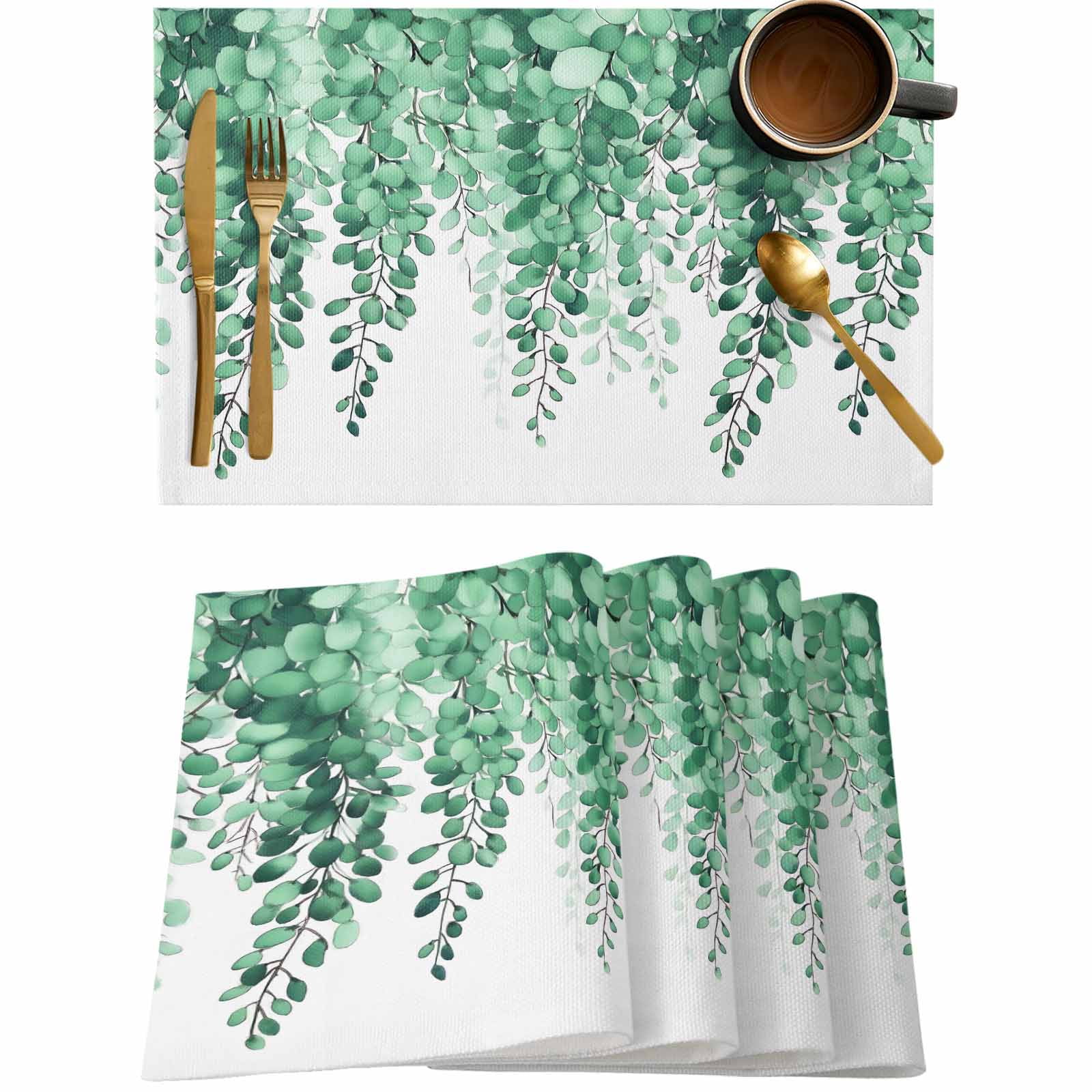 Watercolor Green Eucalyptus Leaf Placemats Set of 4,Wipeable Washable Table Mats for Dining ...