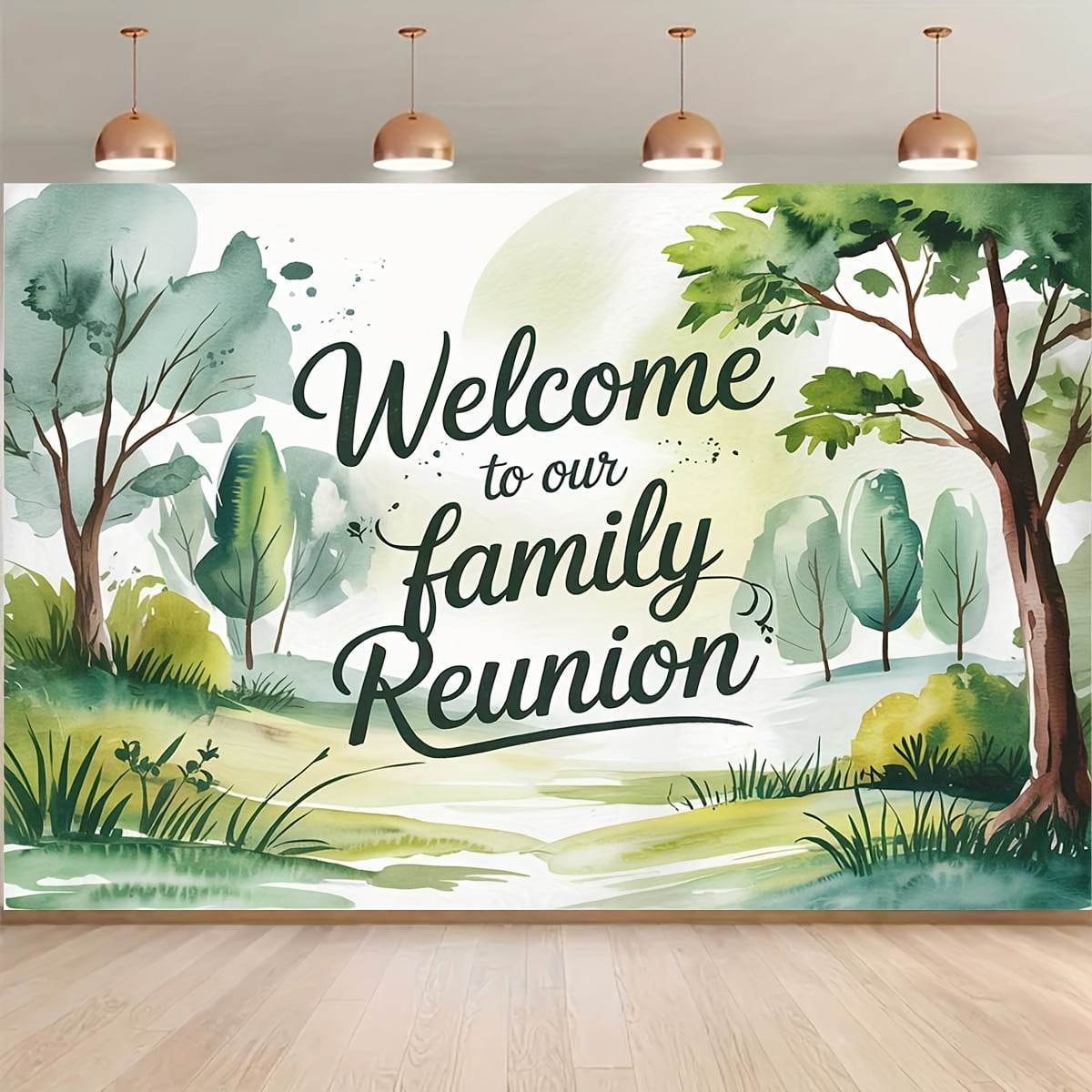 Watercolor Green Forest Family Reunion Backdrop Welcome to Our Family ...