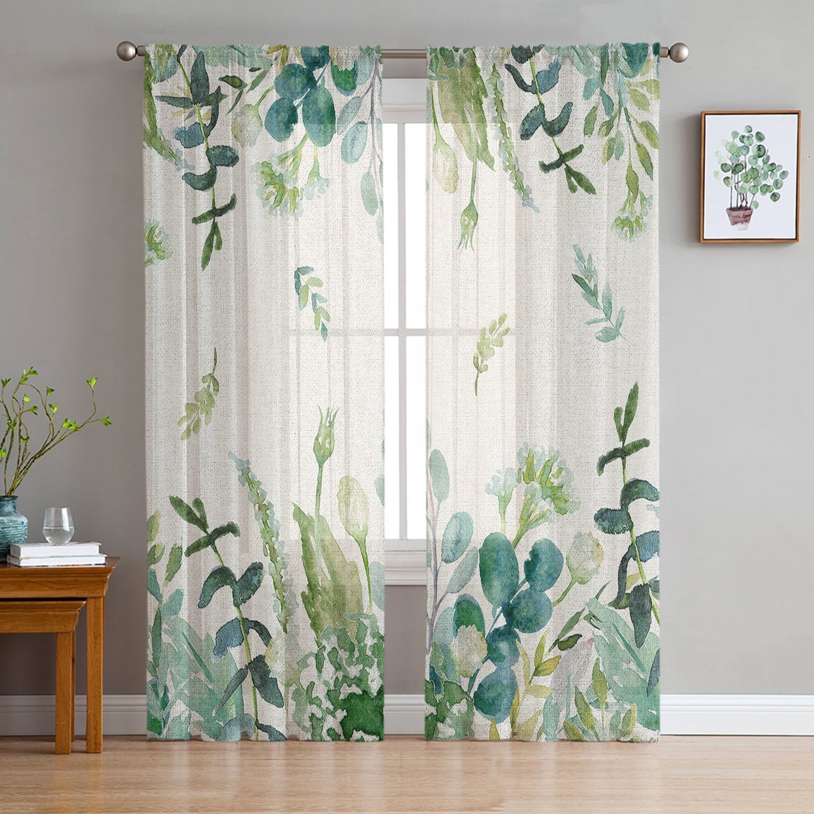 Watercolor Green Leaf Abstract Plant Sheer Curtains Living Room Bedroom ...