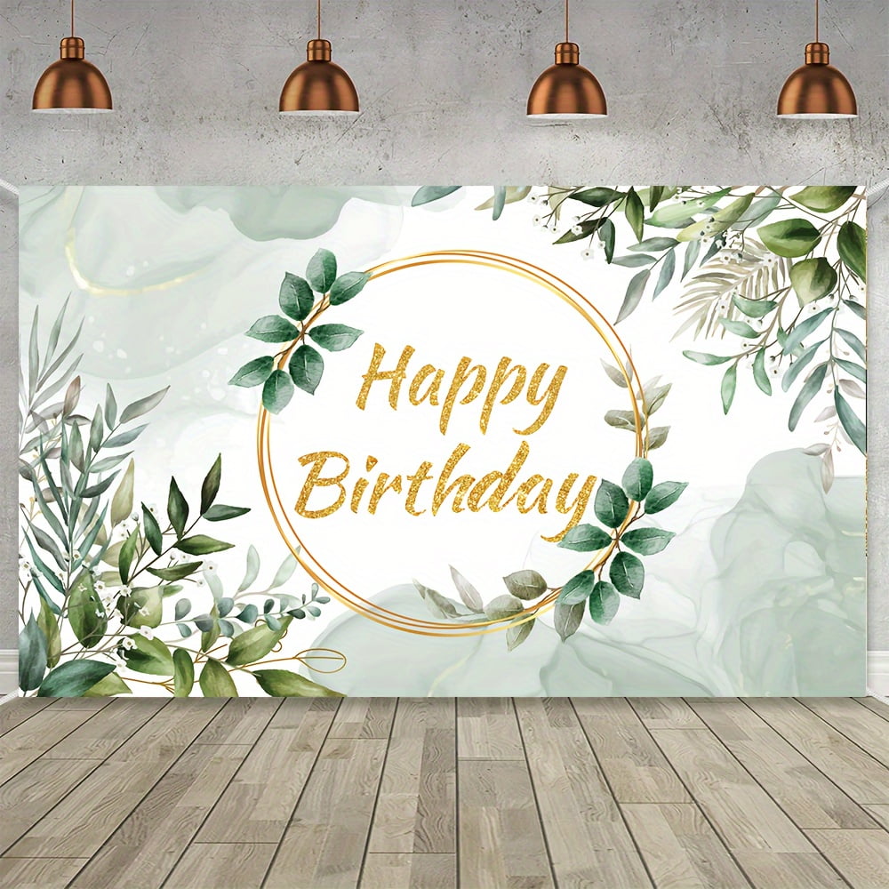 Watercolor Green Leaf Birthday Party Backdrop Gold Happy Birthday ...