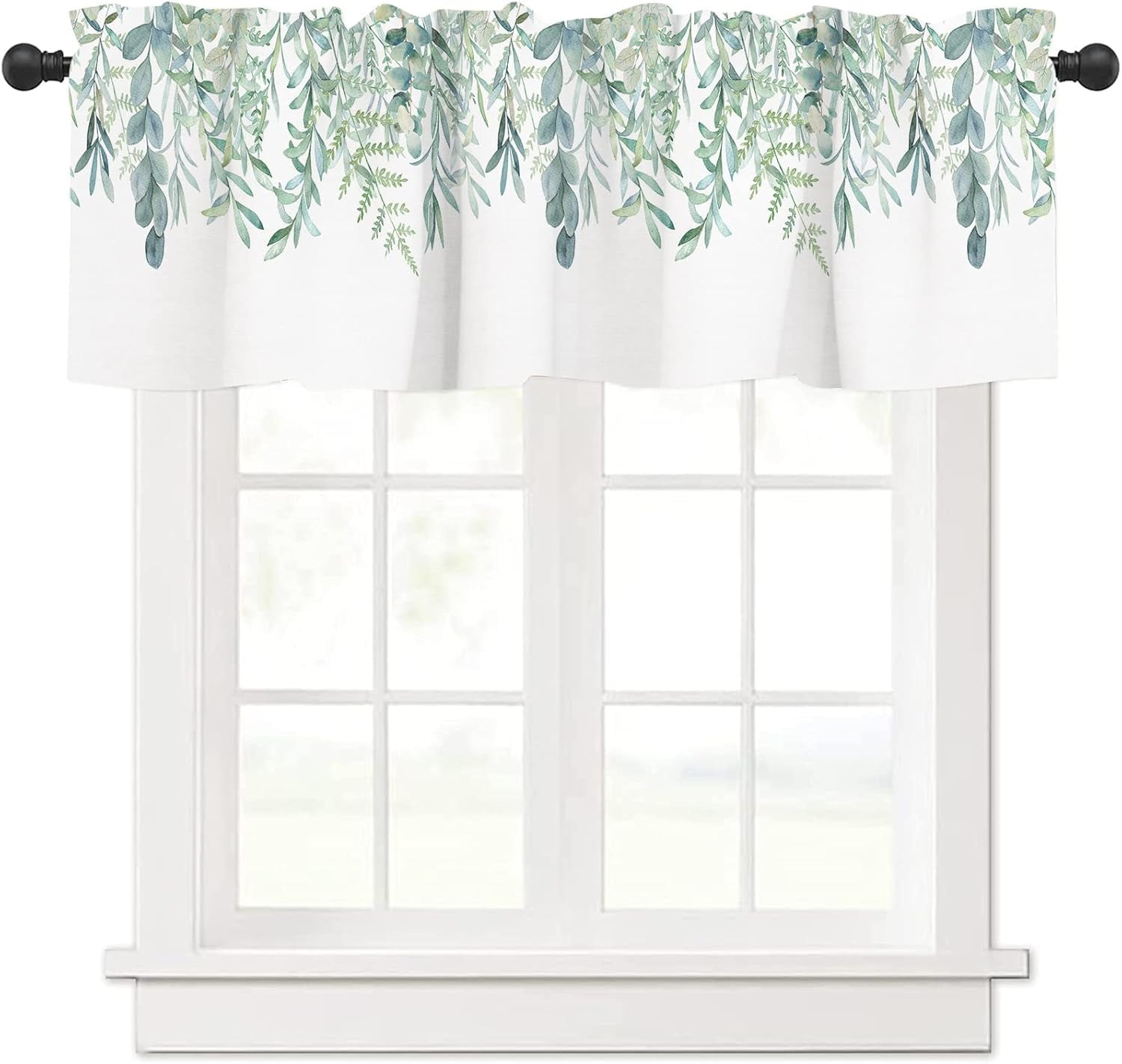 Watercolor Green Leaf Kitchen Valance | Floral Eucalyptus Curtains ...