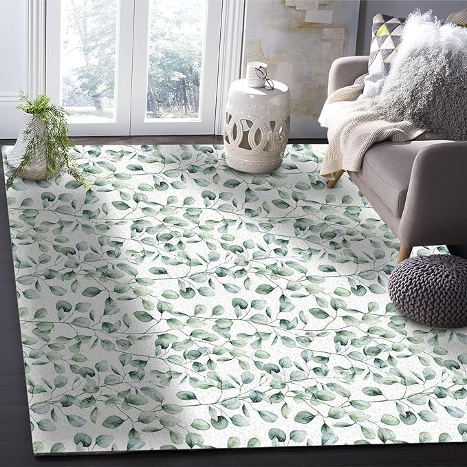 Watercolor Green Leaf Plant Area Rug, Eucalyptus Leaves Summer Indoor ...