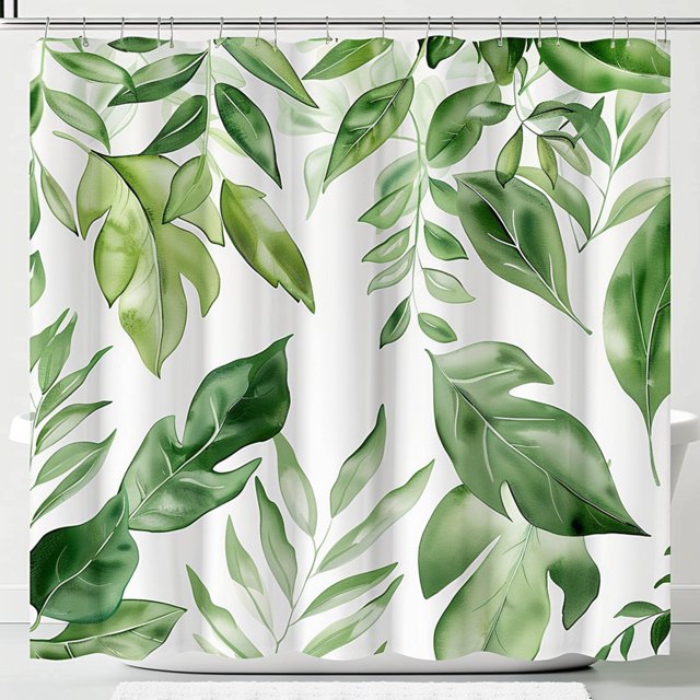 Watercolor Green Leaf Shower Curtain Nature Inspired Bathroom Decor