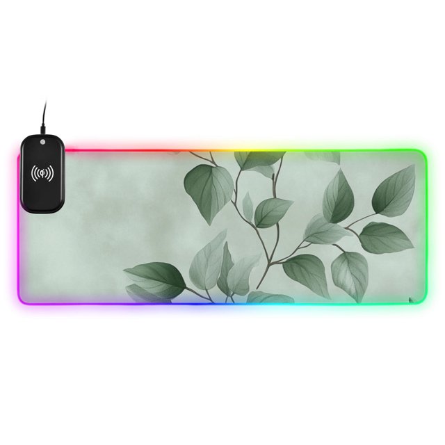 Watercolor Green Leaf Wireless Charging RGB Gaming Mouse Pad Large ...