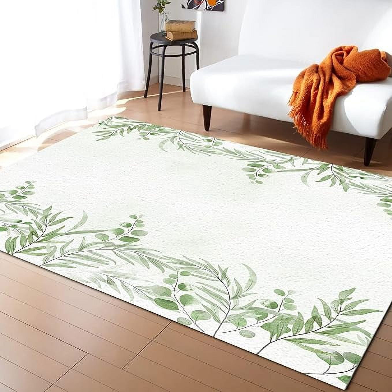 Watercolor Green Leaves Area Rugs, Spring Plant Stripe Soft Washable ...