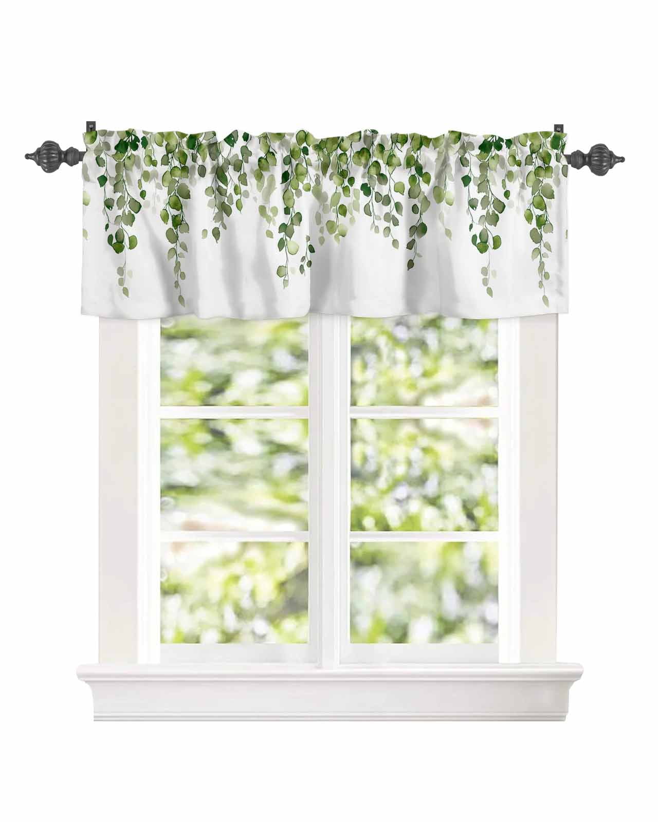 Watercolor Green Leaves Botanical Plant Curtain Valances for Kitchen ...