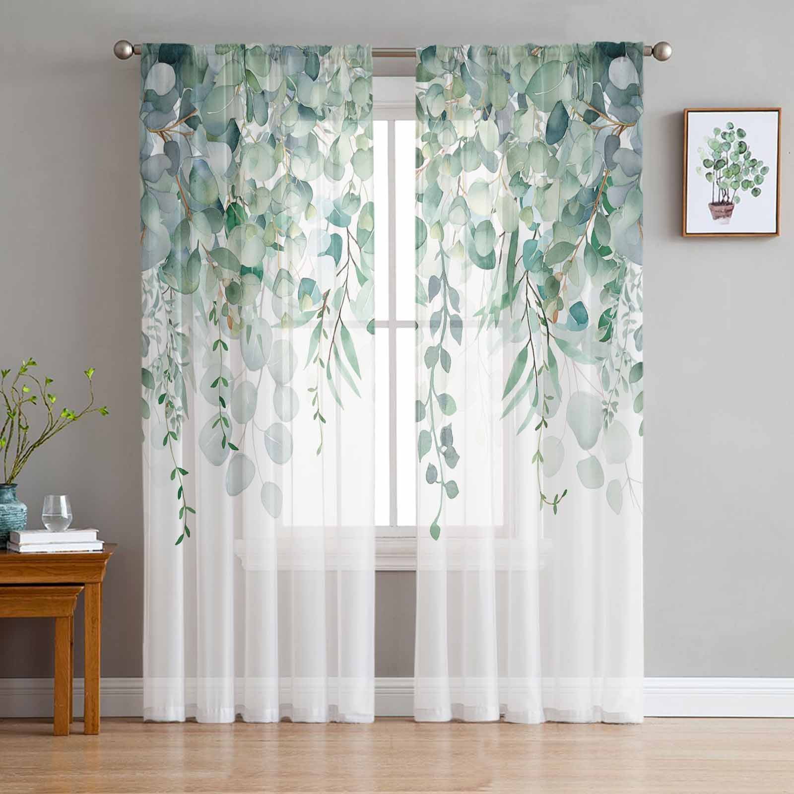 Watercolor Green Leaves Sheer Curtains for Living Room Bedroom Tulle ...