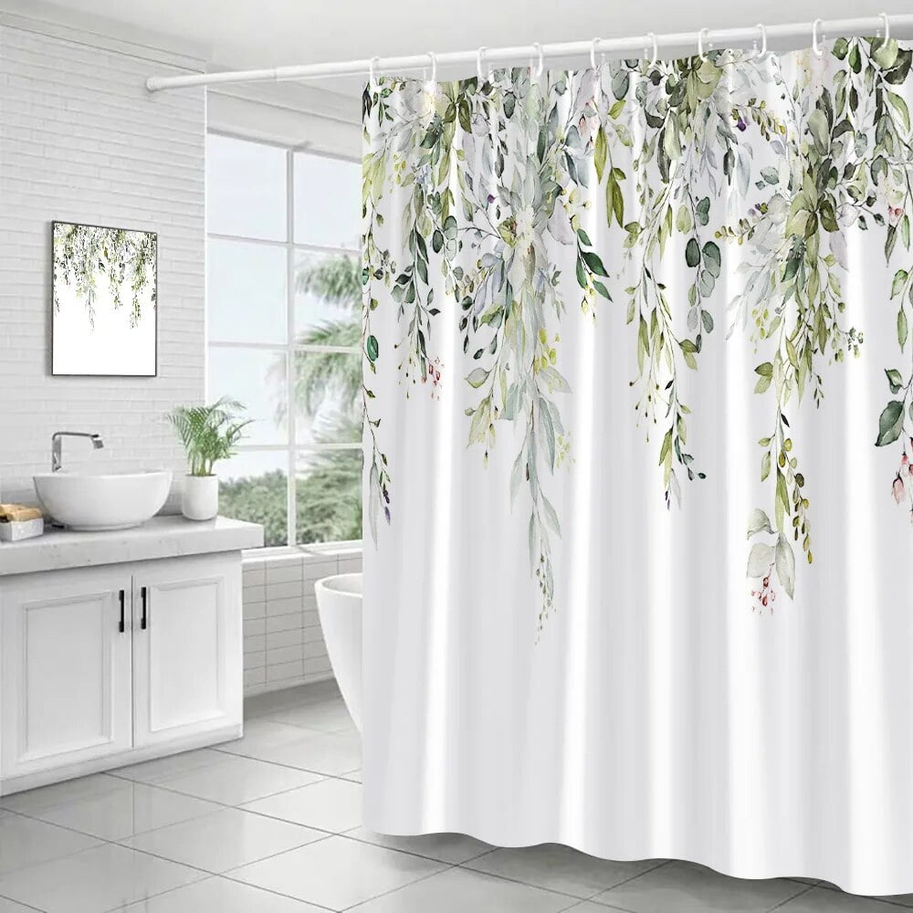 Watercolor Green Leaves Shower Curtain Eucalyptus On The Top Teal Plant