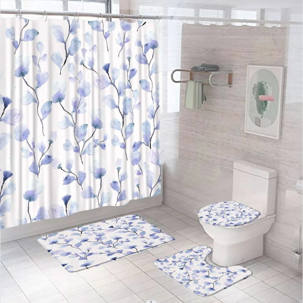 Watercolor Green Leaves Shower Curtain Set Eucalyptus Leaf Tropical