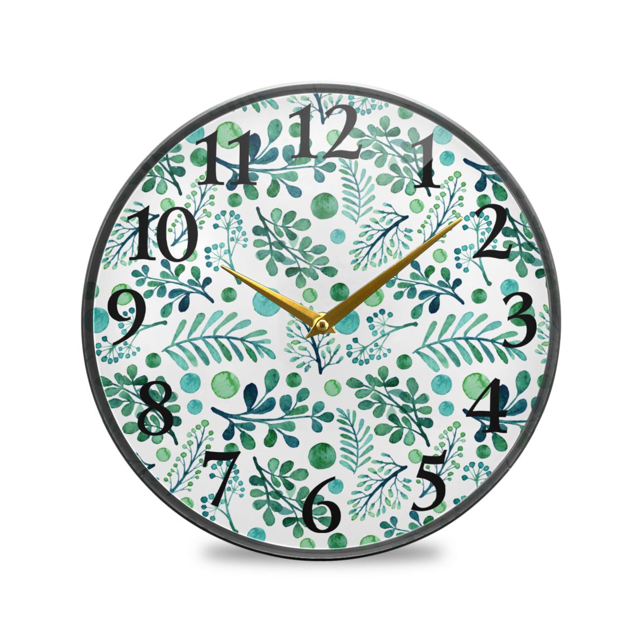 Watercolor Green Leaves Wall Clocks Battery Operated 9.5 Inch Round ...
