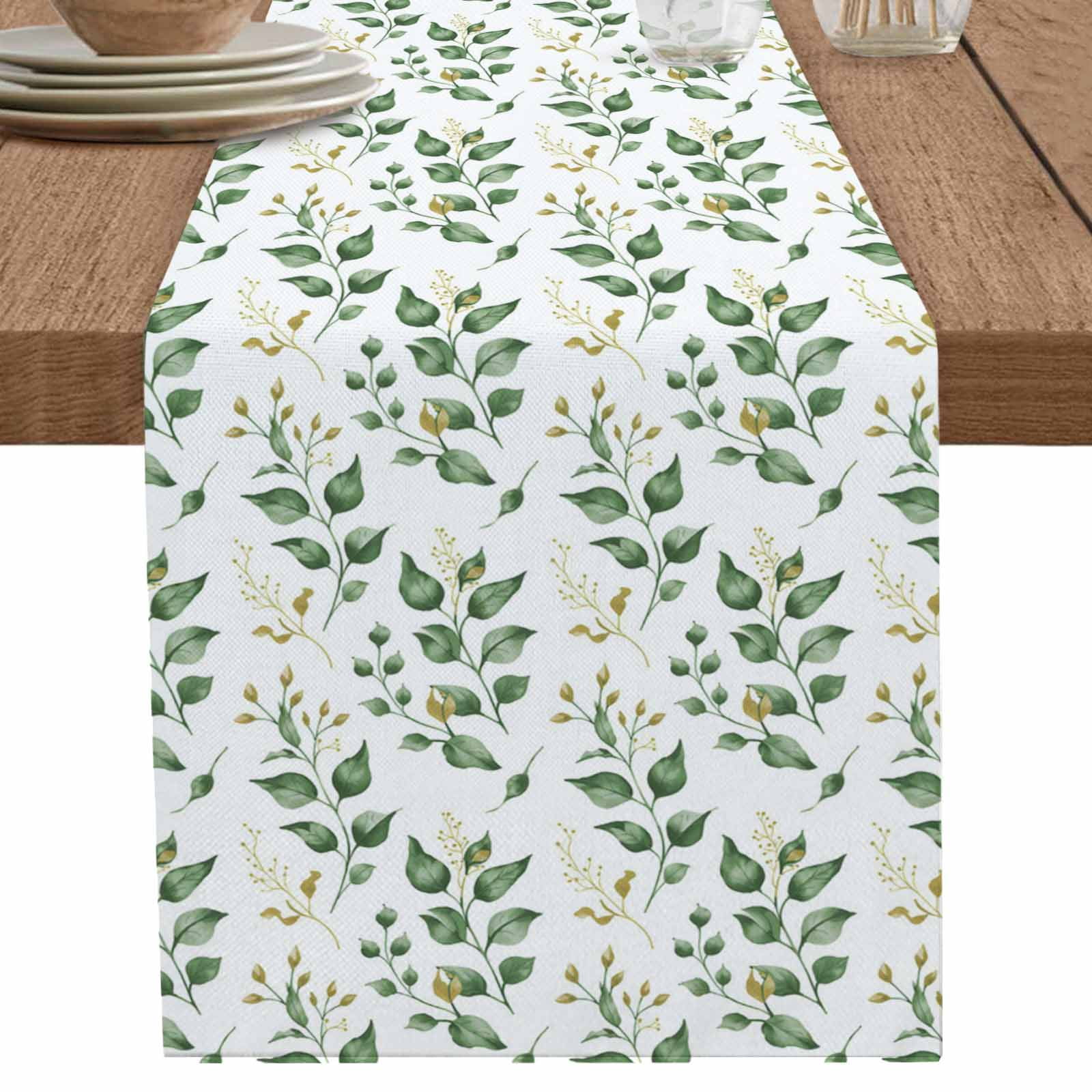 Watercolor Green Leaves on White Table Runner-36 Inch Long Vintage Plant Leaf Table Runners ...