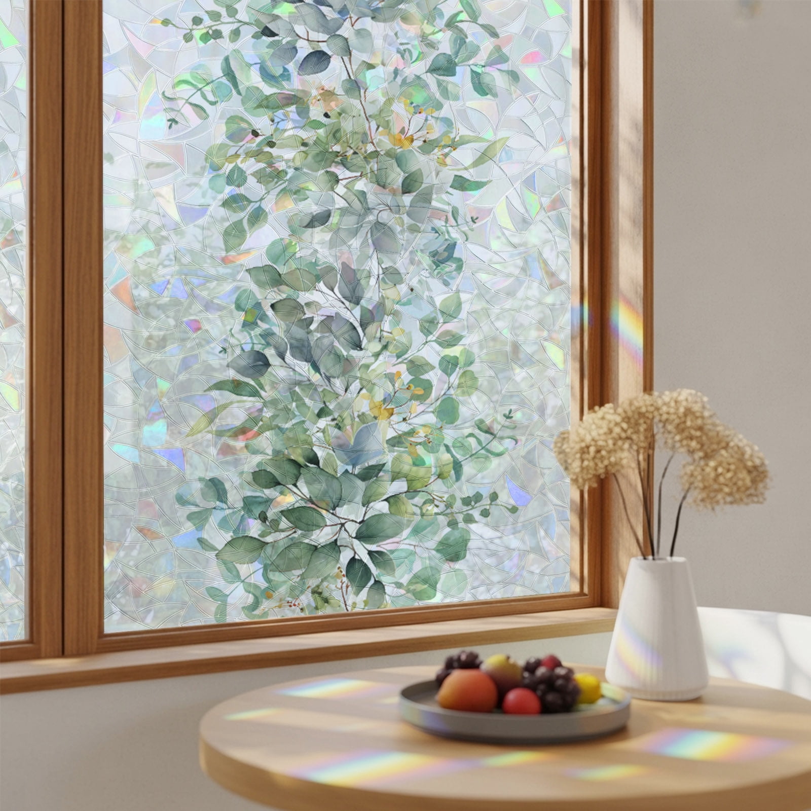 Watercolor Green Leaves on White Window Privacy Film,Heat Control Sun ...