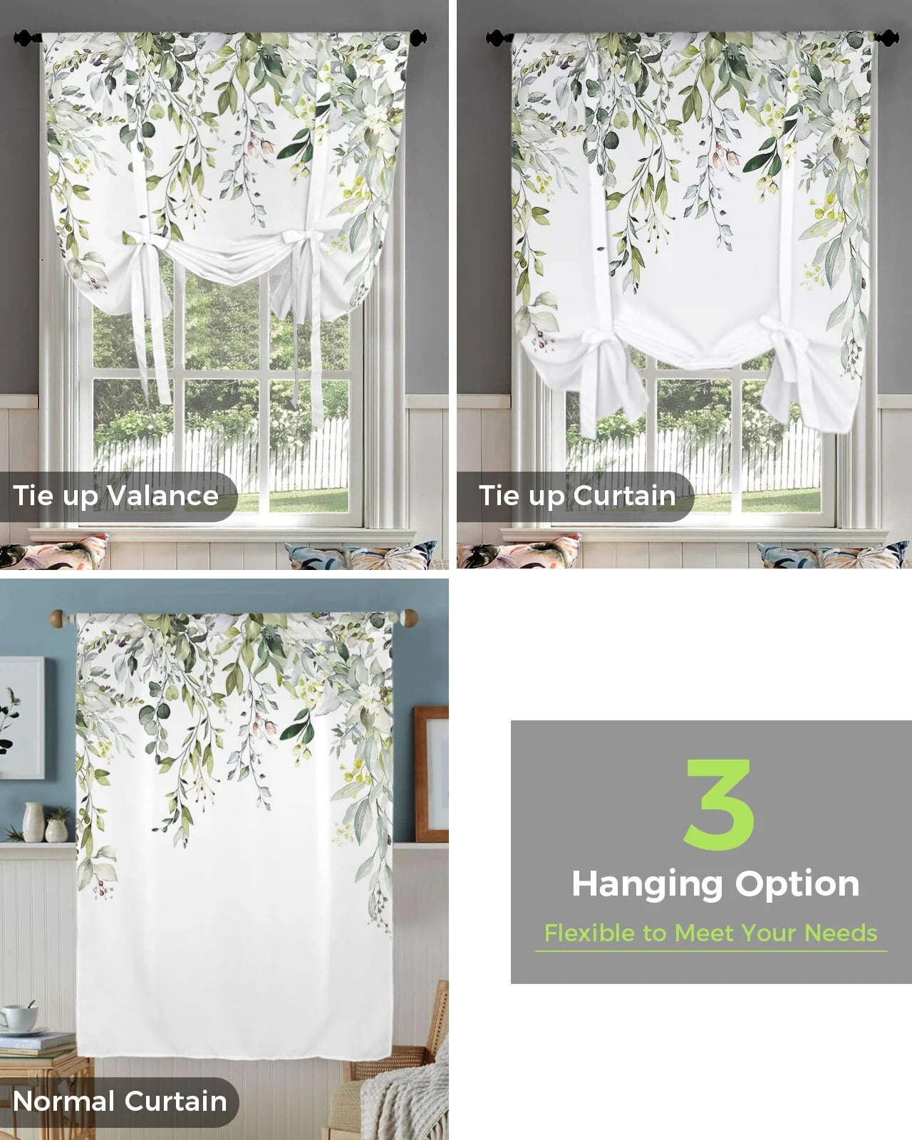 Watercolor Green Leaves Window Curtain for Living Room Home Decor ...