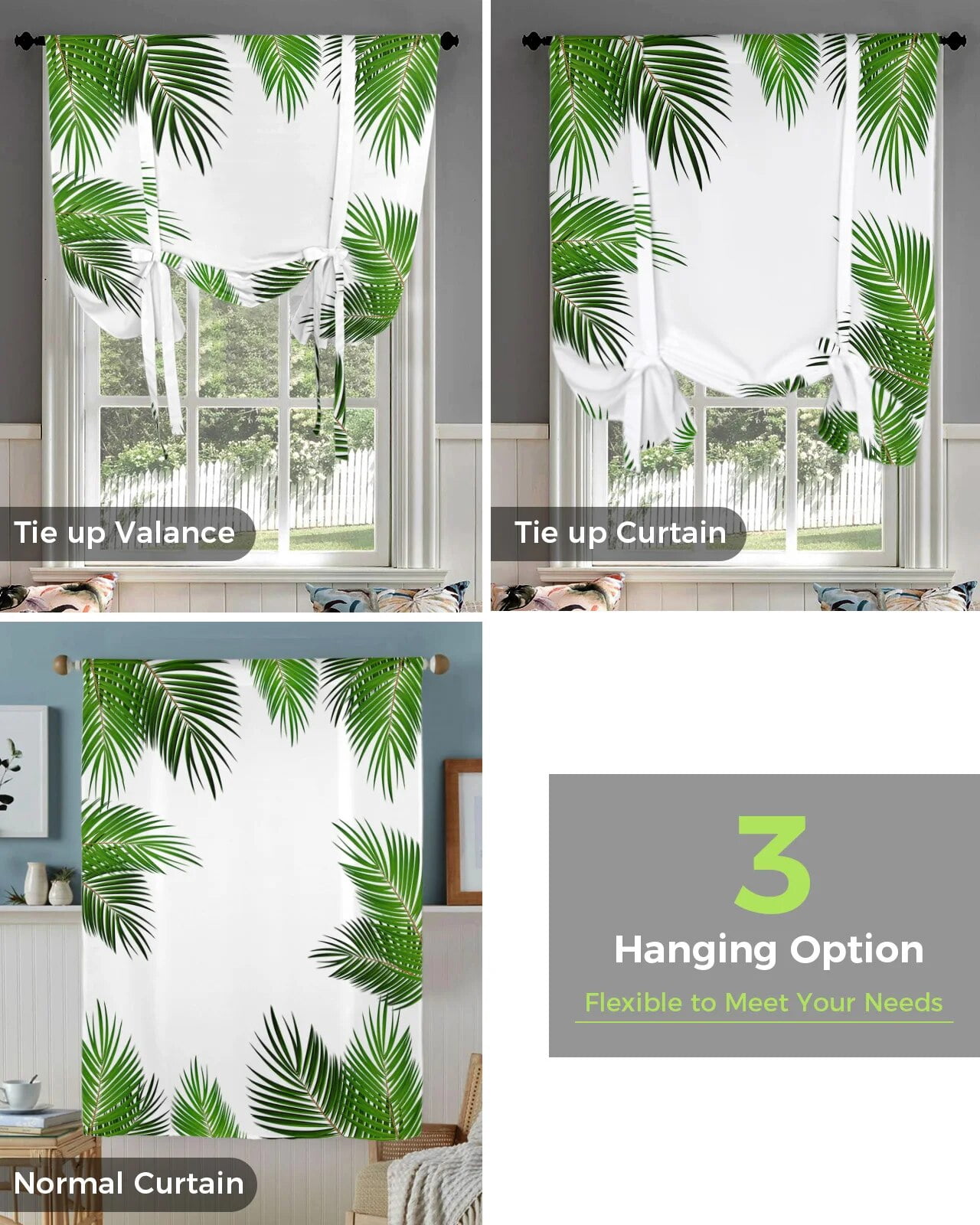 Watercolor Green Leaves Window Curtain for Living Room Home Decor ...