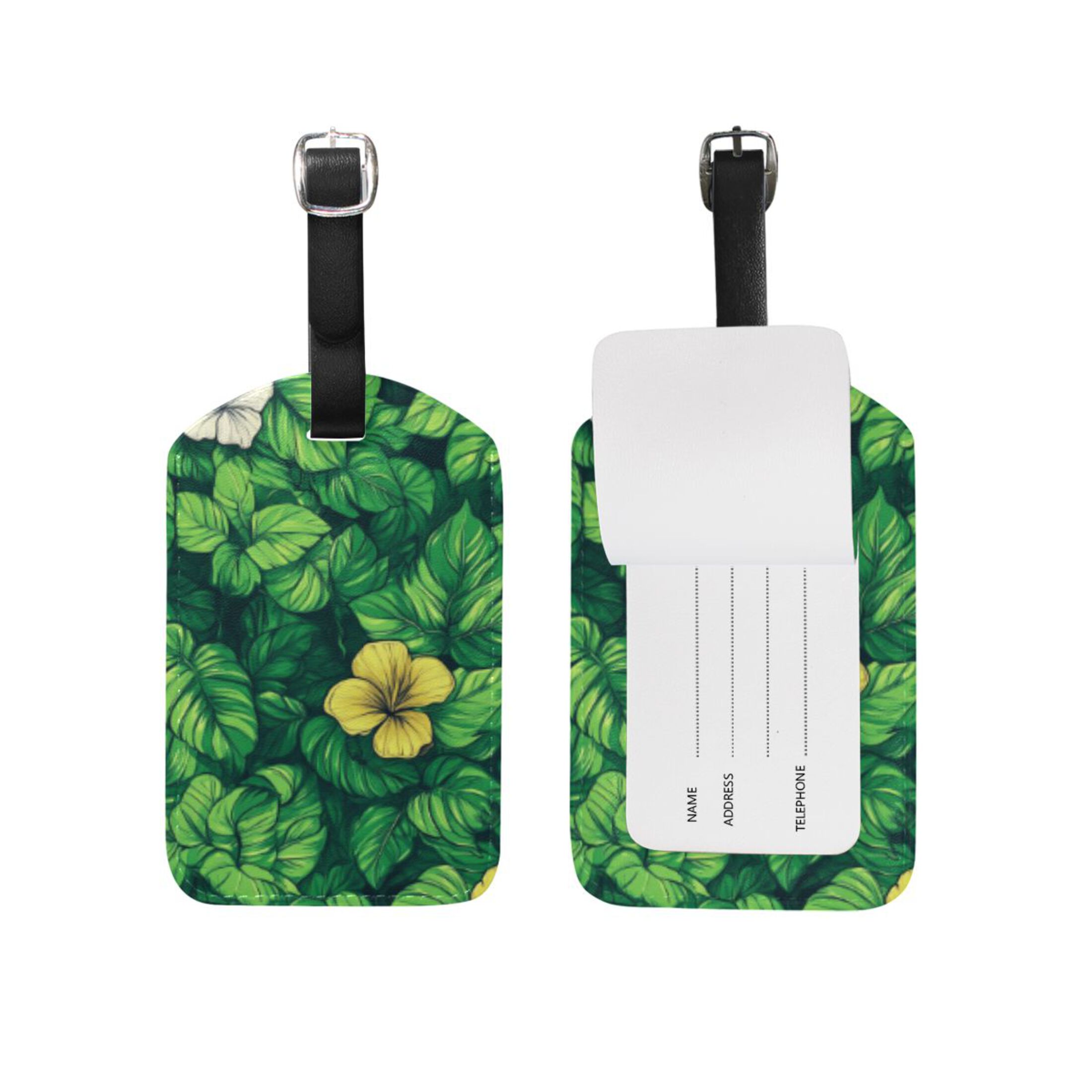 Watercolor Green Leaves and Flowers Luggage Tags PU Leather Name ID ...