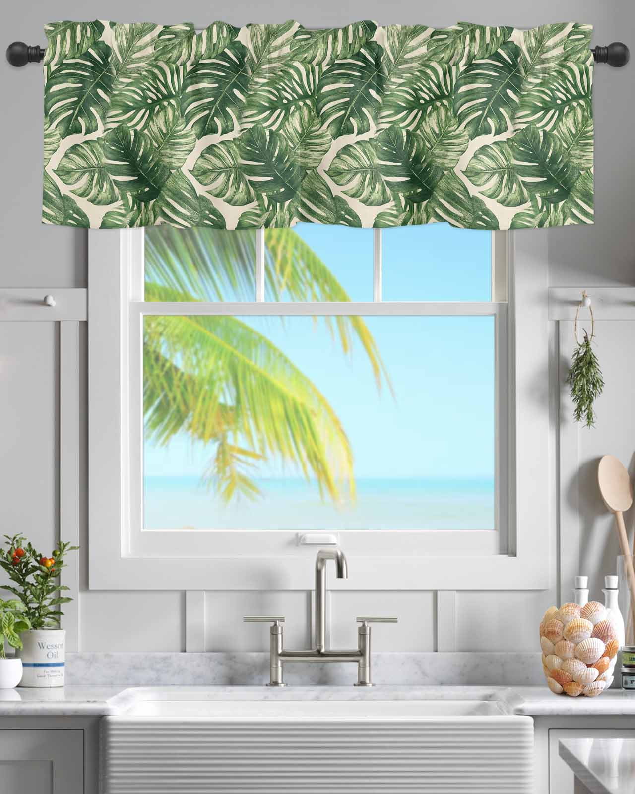 Watercolor Green Palm Leaves Curtain Valances for Kitchen Windows,Rod ...