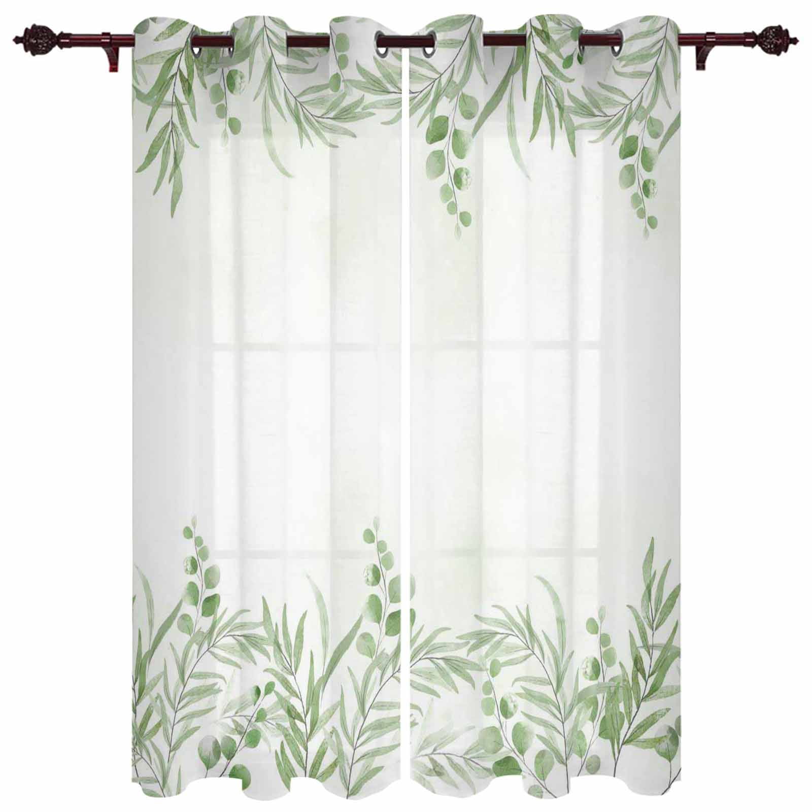 Watercolor Green Plant Leaves Modern Window Curtains for Living Room ...