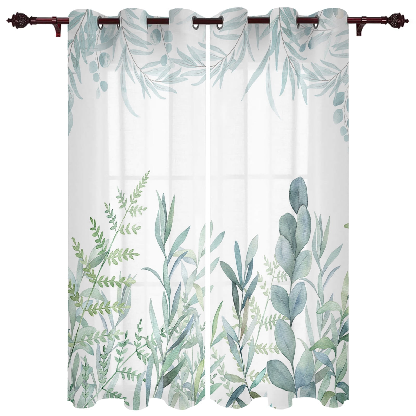 Watercolor Green Plant Leaves Modern Window Curtains for Living Room ...