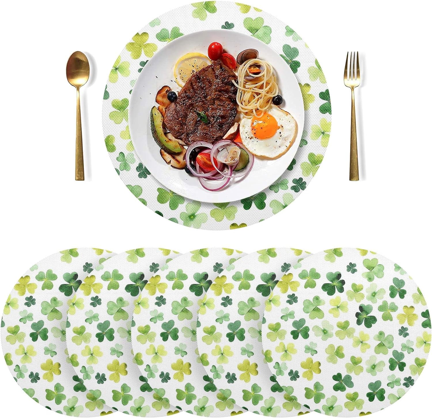 Watercolor Green Shamrock Leaves Round Place Mats Set of 6, Heat Stain ...