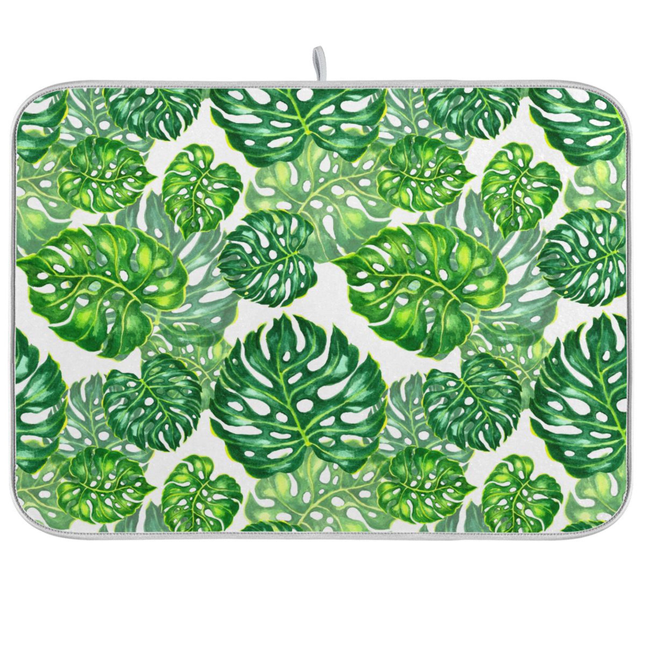 Watercolor Green Tropical Leaves Dish Drying Mat Microfiber Kitchen Pad ...