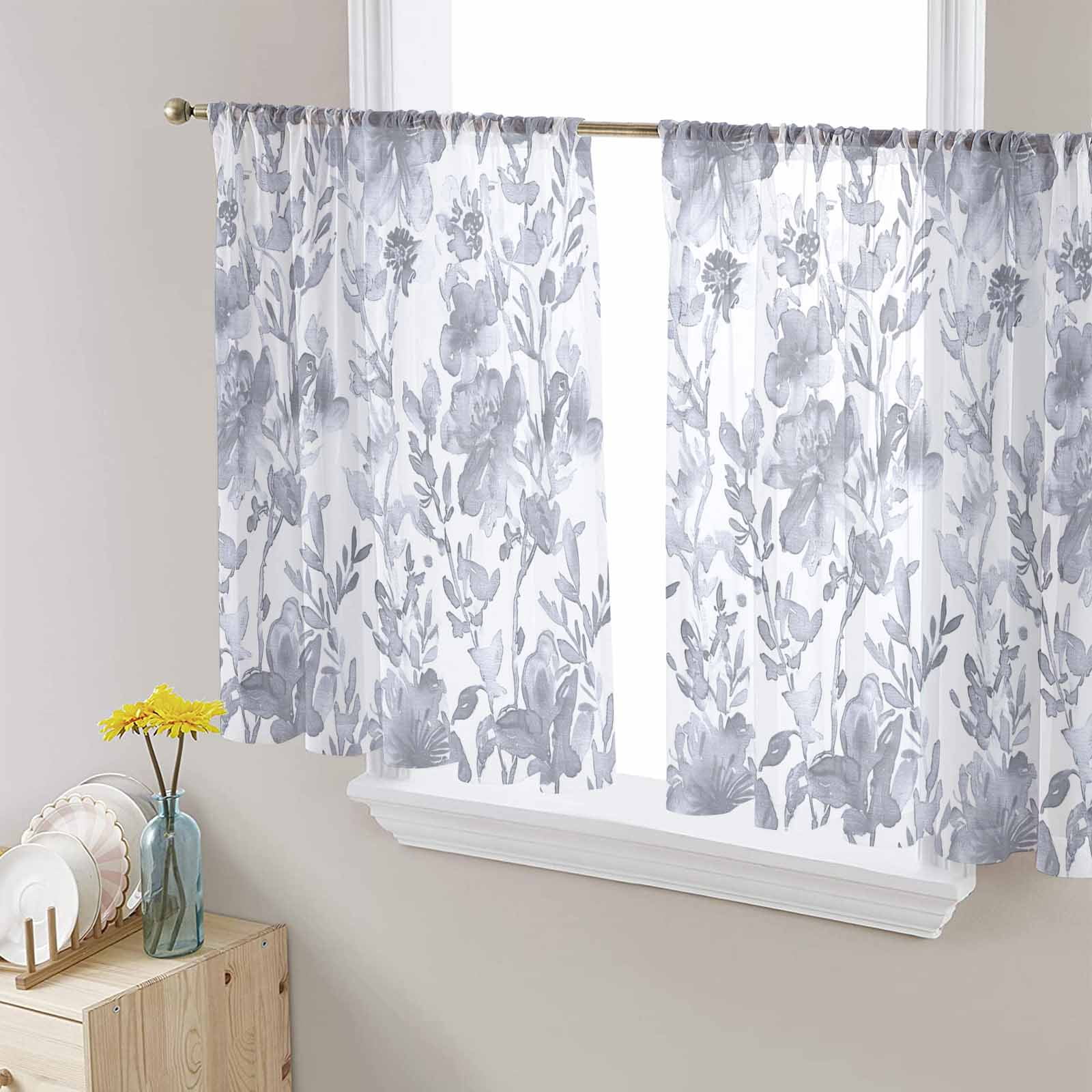 Watercolor Grey Floral Sheer Curtains 54 Inches Length 2 Panels Set ...