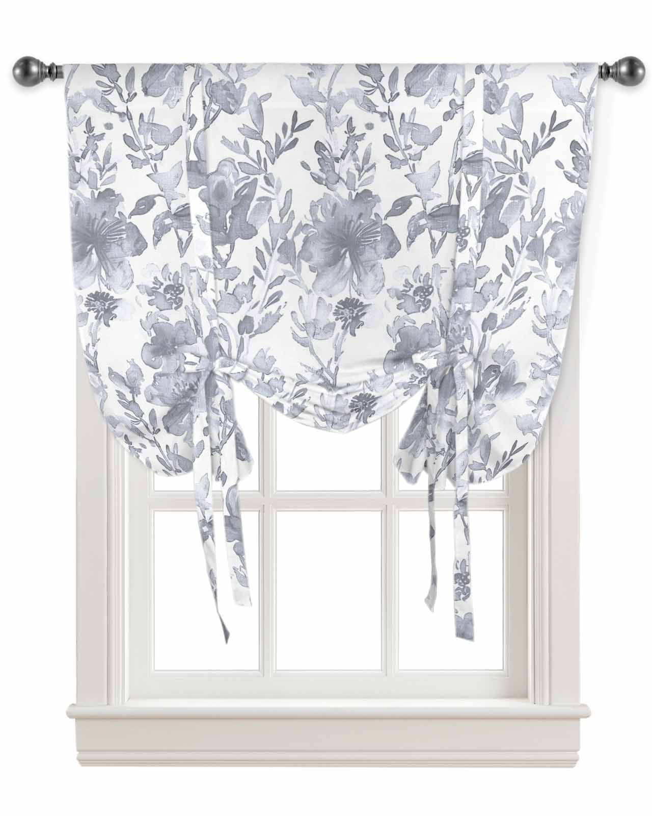 Watercolor Grey Floral Tie Up Curtains for Kitchen Bathroom Bedroom ...