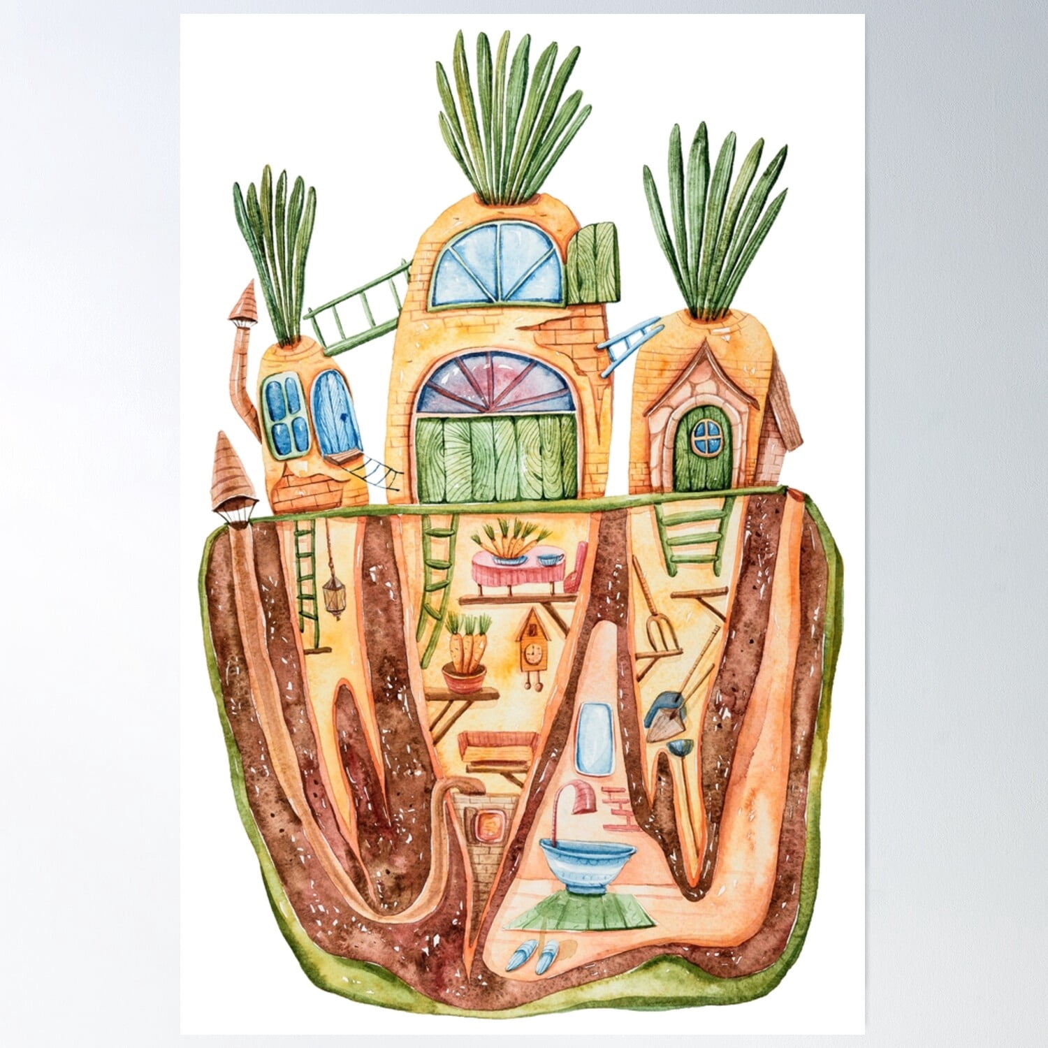Watercolor Hand Painted Cute Underground House Digital Painting, Repeat ...