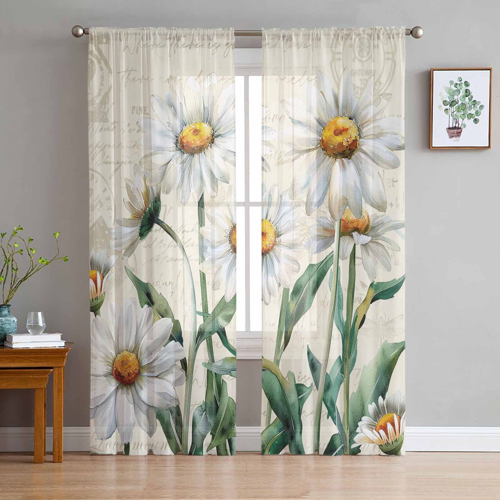 Watercolor Hand-Painted Floral And Plant Pink Sheer Curtains For Living ...