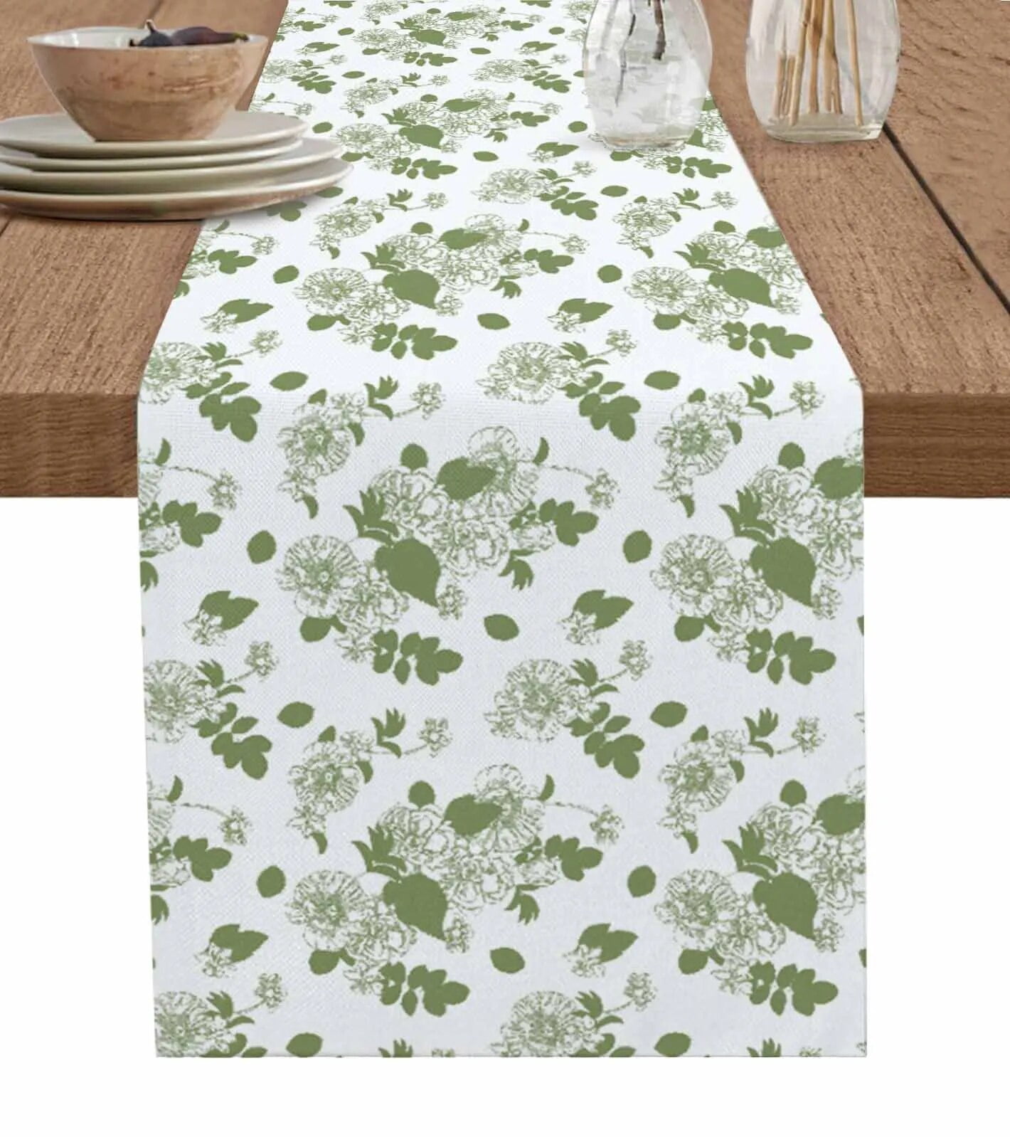 Watercolor Hand-Painted Floral Retro Green Table Runner Coffee Table ...