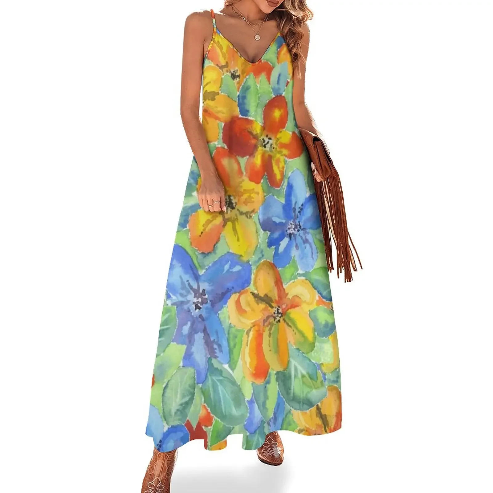Watercolor Hand-Painted Orange Blue Tropical Flowers Sleeveless Dress ...