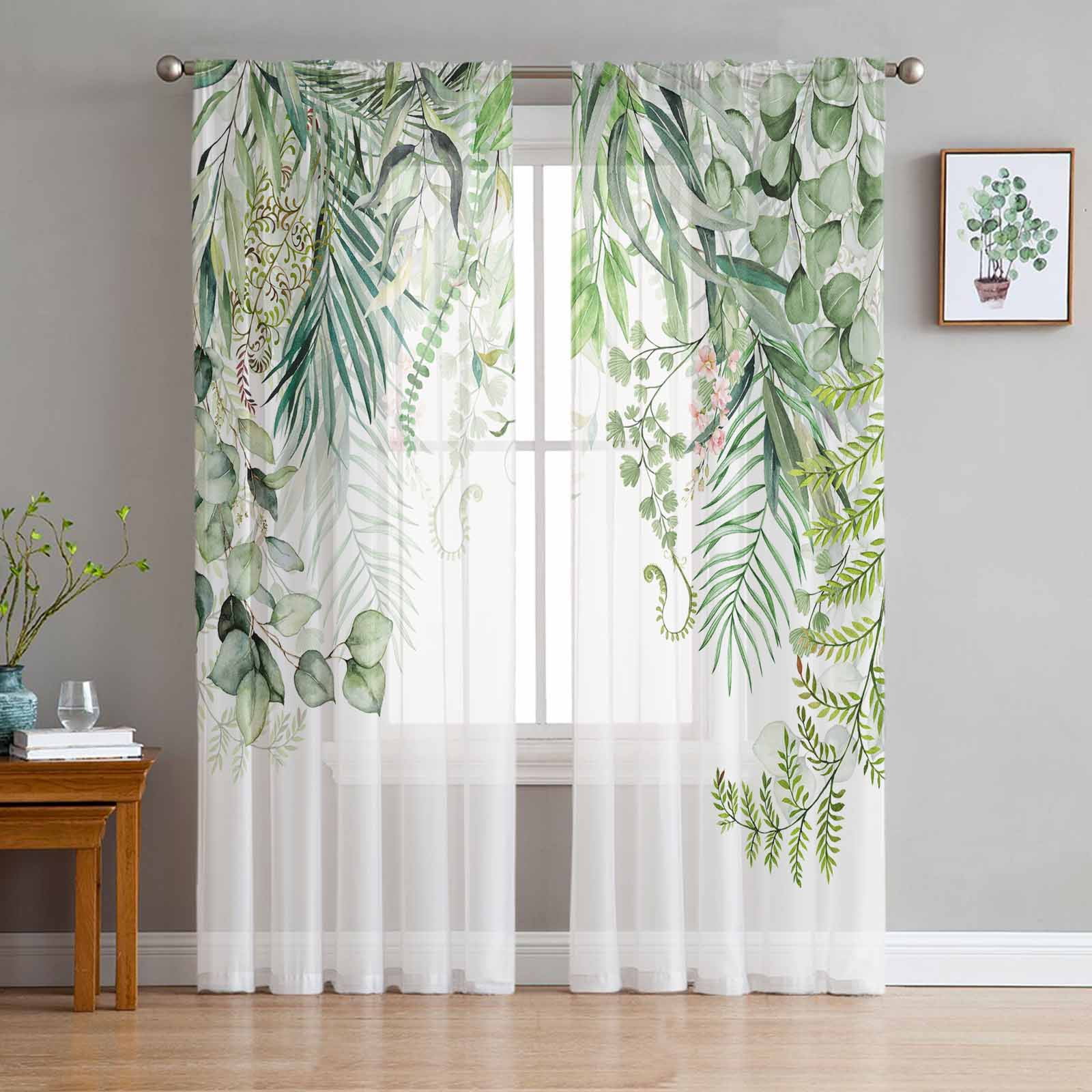 Watercolor Hanging Eucalyptus Leaves Triangle Tulle Sheer Curtains For ...