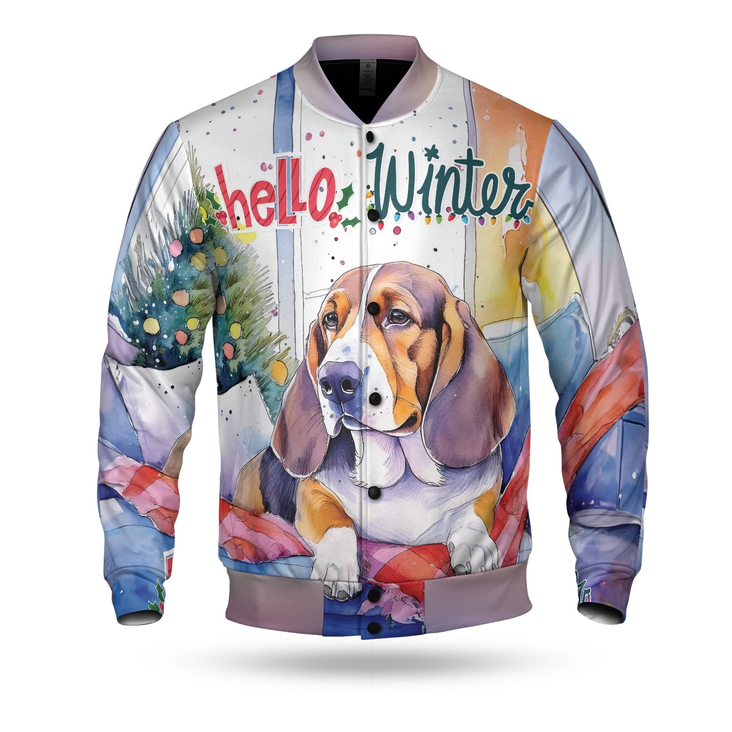 Watercolor Hello Winter Basset Hound Chill Christmas Welcome All Over ...