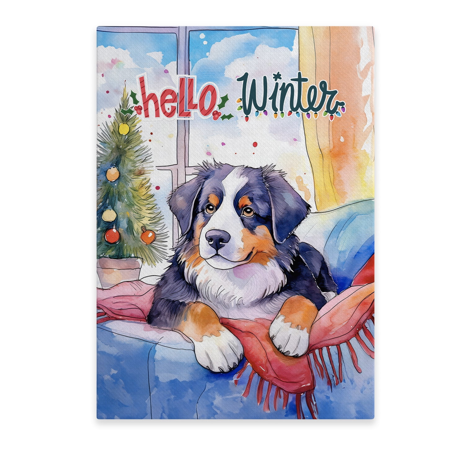 Watercolor Hello Winter Bernese Mountain Dog Chill Christmas Welcome ...