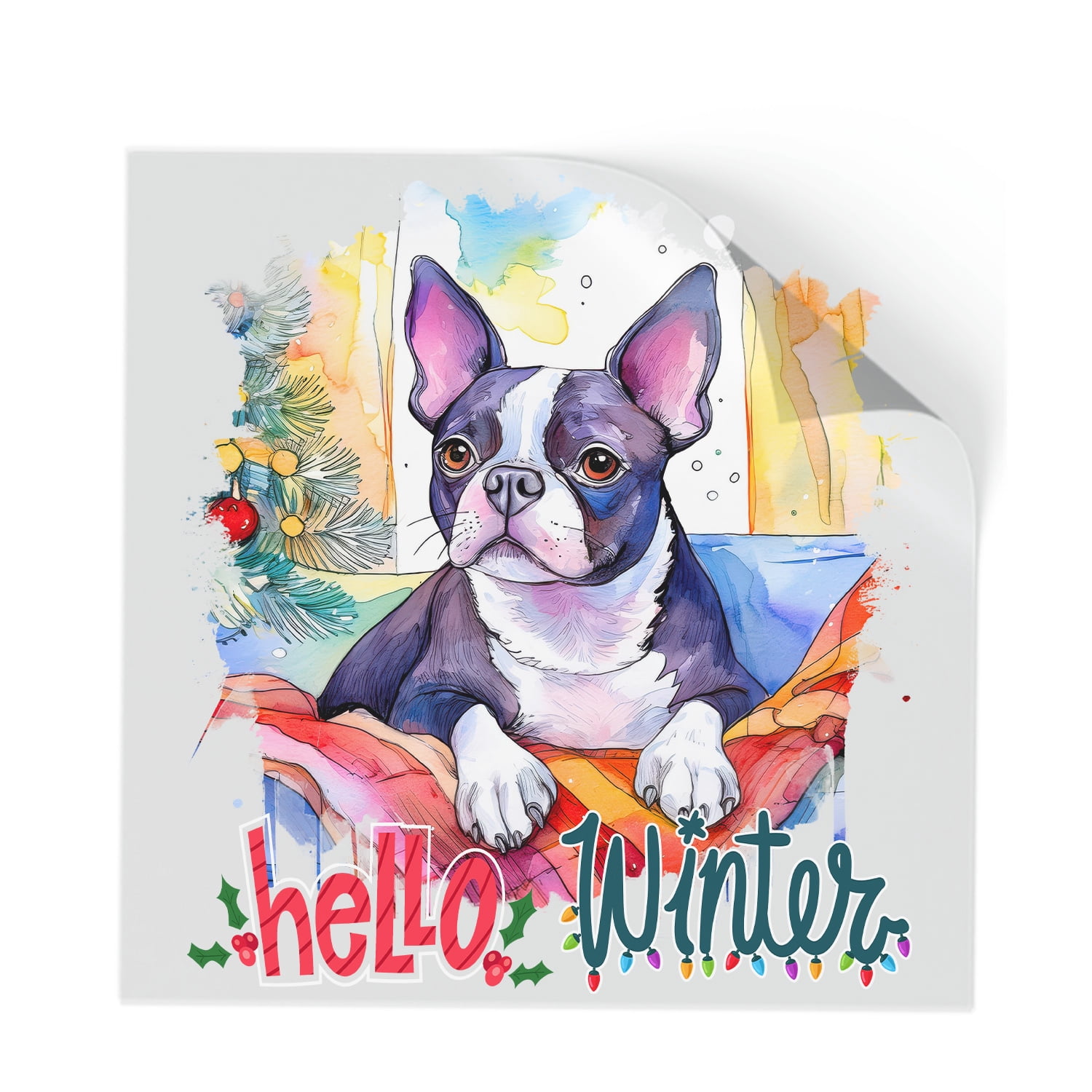 Watercolor Hello Winter Boston Terrier Chill Christmas Welcome Cutout ...