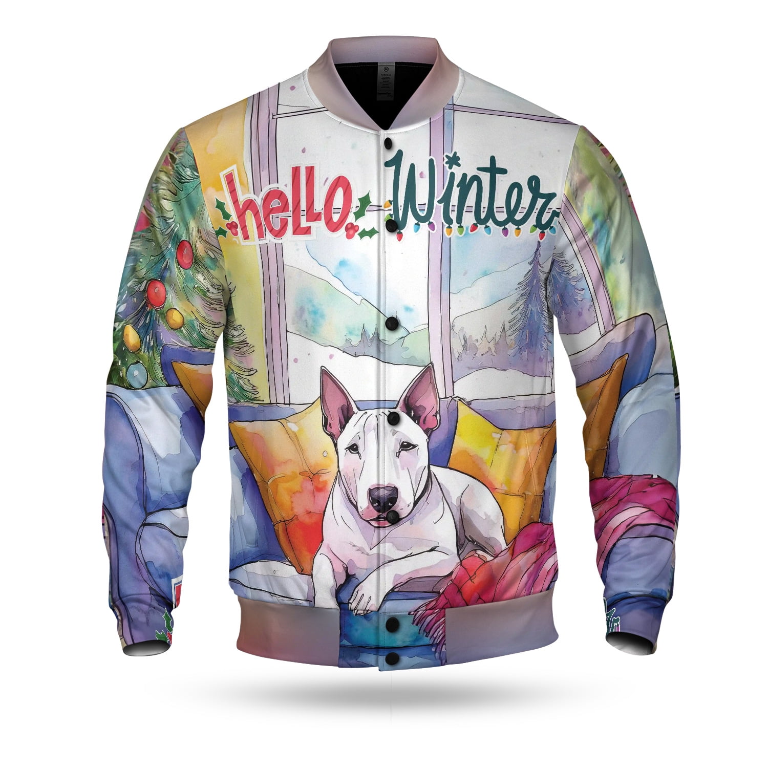 Watercolor Hello Winter Bull Terrier Chill Christmas Welcome All Over ...