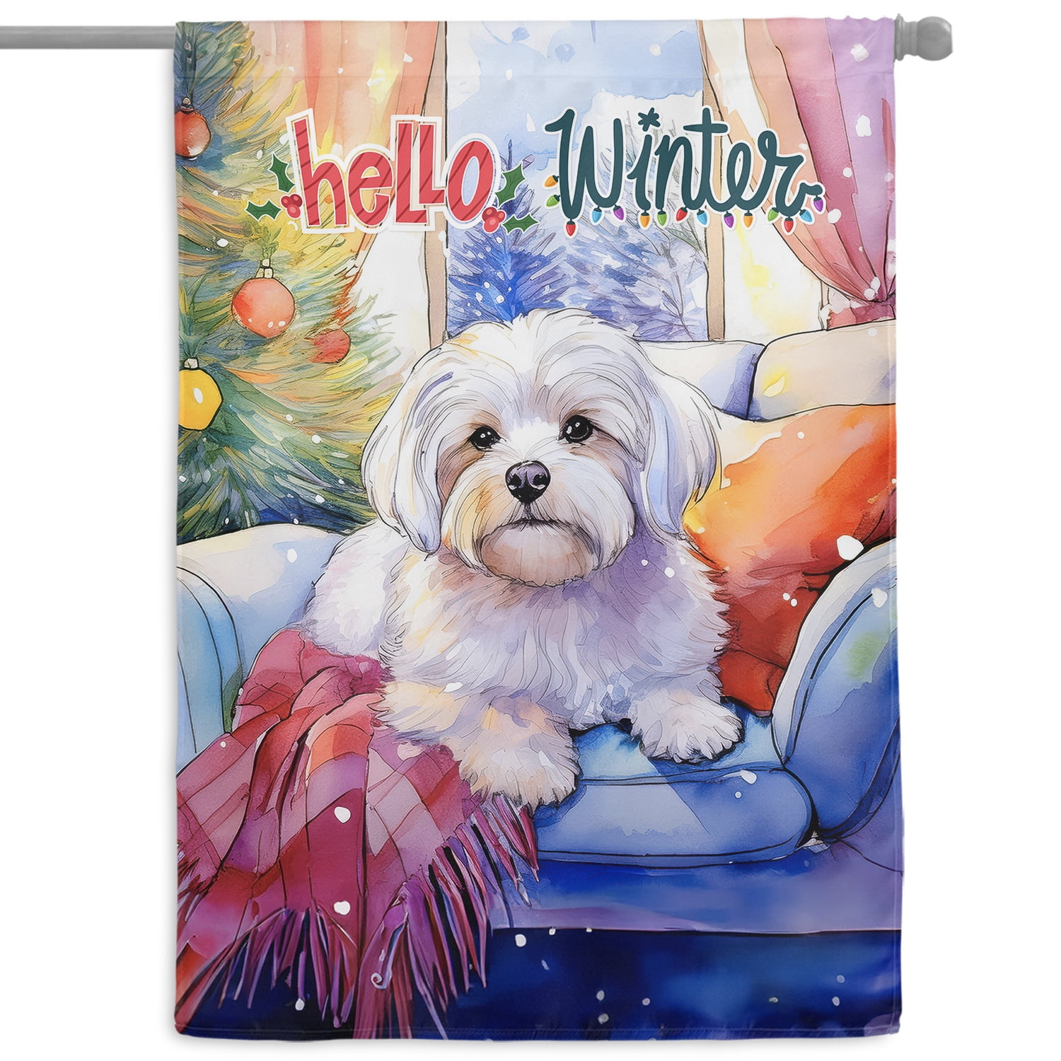 Watercolor Hello Winter Maltese Chill Christmas Welcome House Flag ...